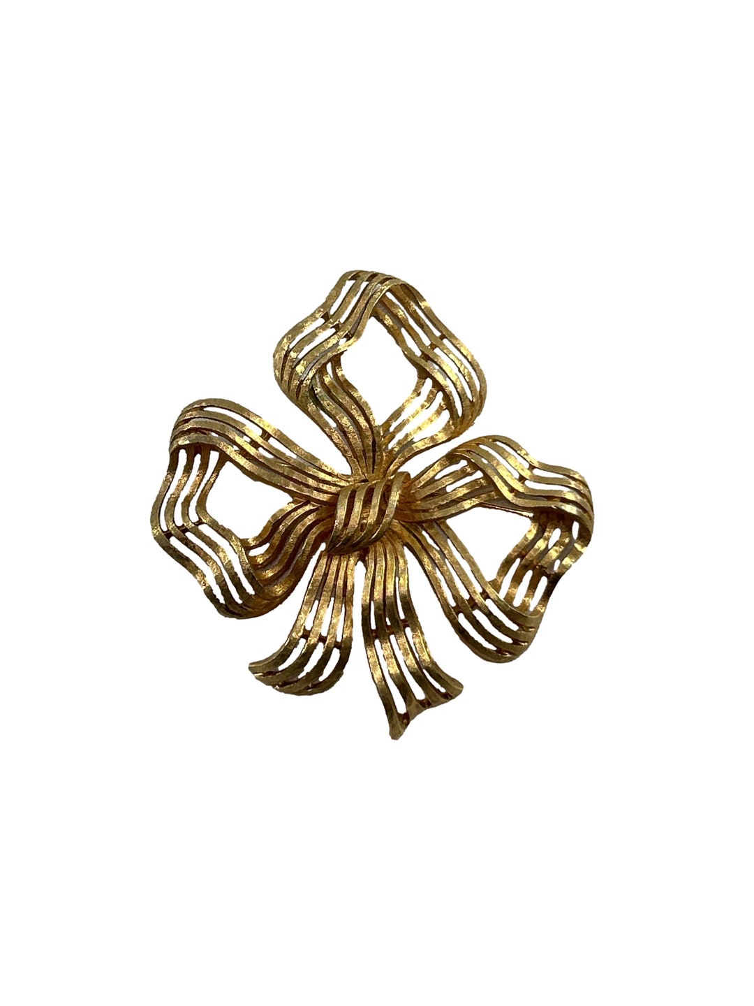 Vintage Large Monet Gold Tone Bow Brooch Pin Signed Open Work 3" Bold ...