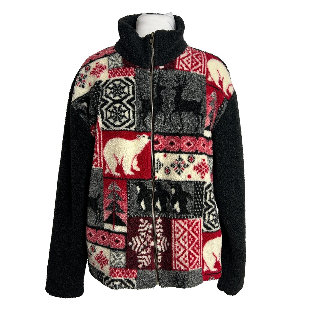 Vintage Lavon Fleece Jacket Womens Size Medium Polar Bear Deer Red ...
