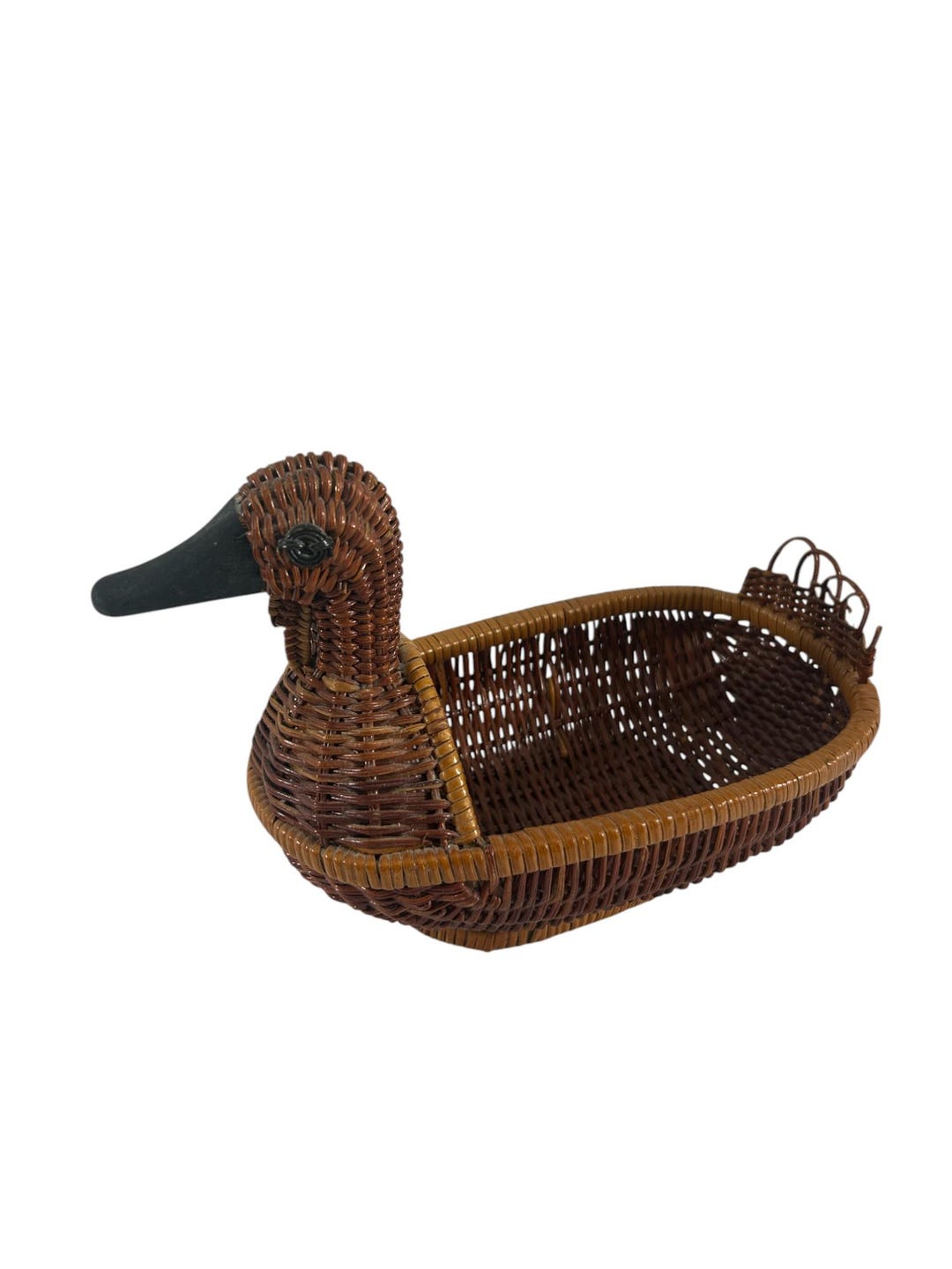 Vtg Wicker Rattan Woven Duck Shaped Basket Wood Bill Farmhouse Rustic ...