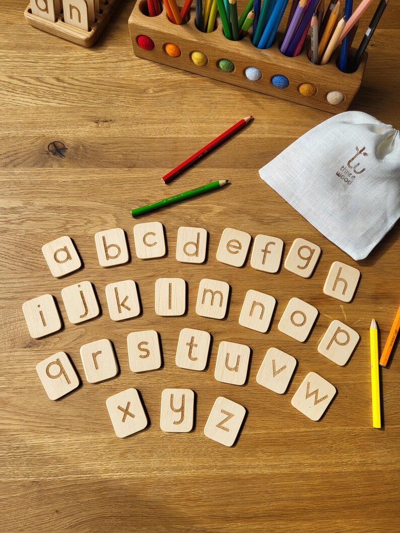 Wooden Alphabet Tiles English Lowercase Uppercase Letters Montessori ...