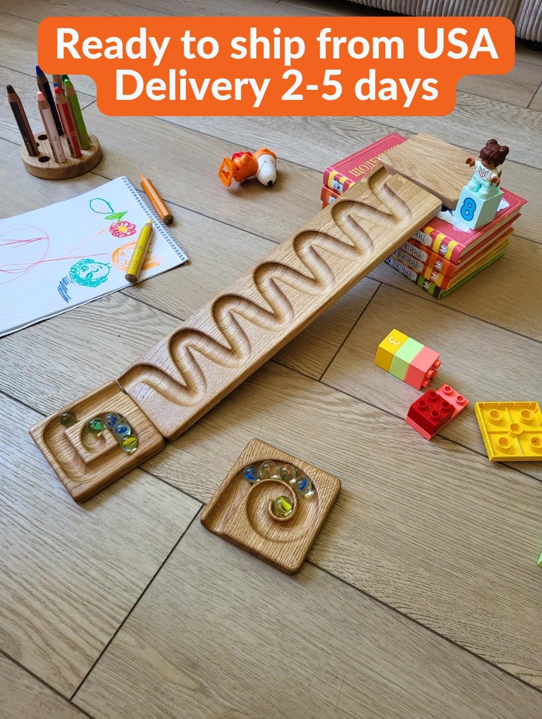 Wooden Marble Run WATERFALL Race Marble Track Machine Winding Track Set ...