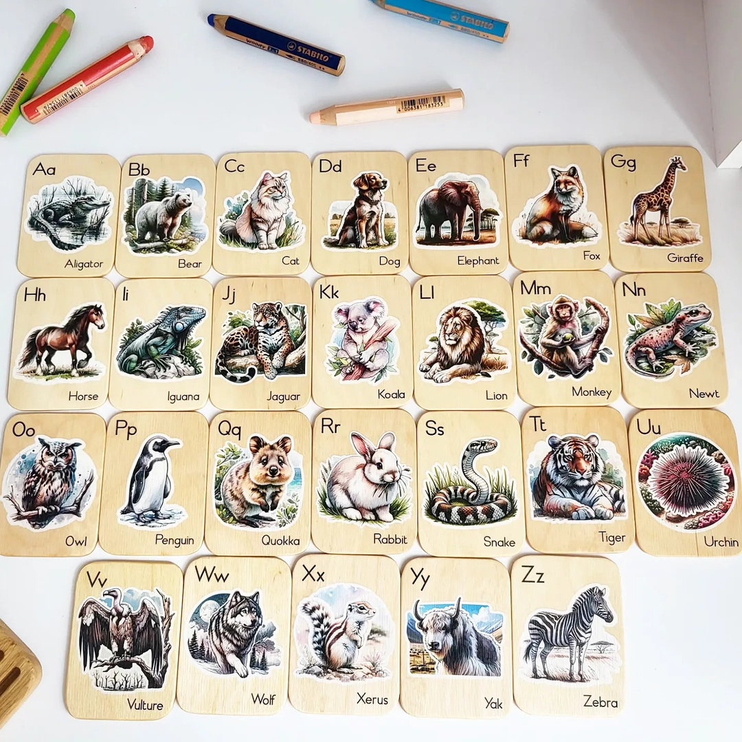 Montessori Wooden Alphabet Flash Cards With Animals Pictures Learning ...
