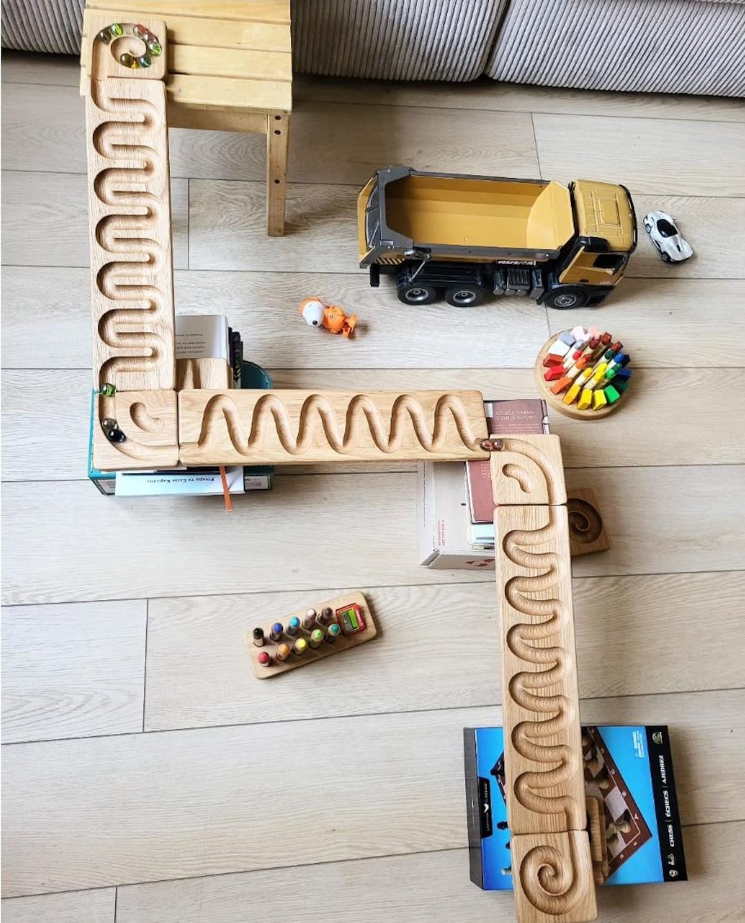 Wooden Marble Run Race Marble Machine Winding Track Set Wooden Ball Run ...