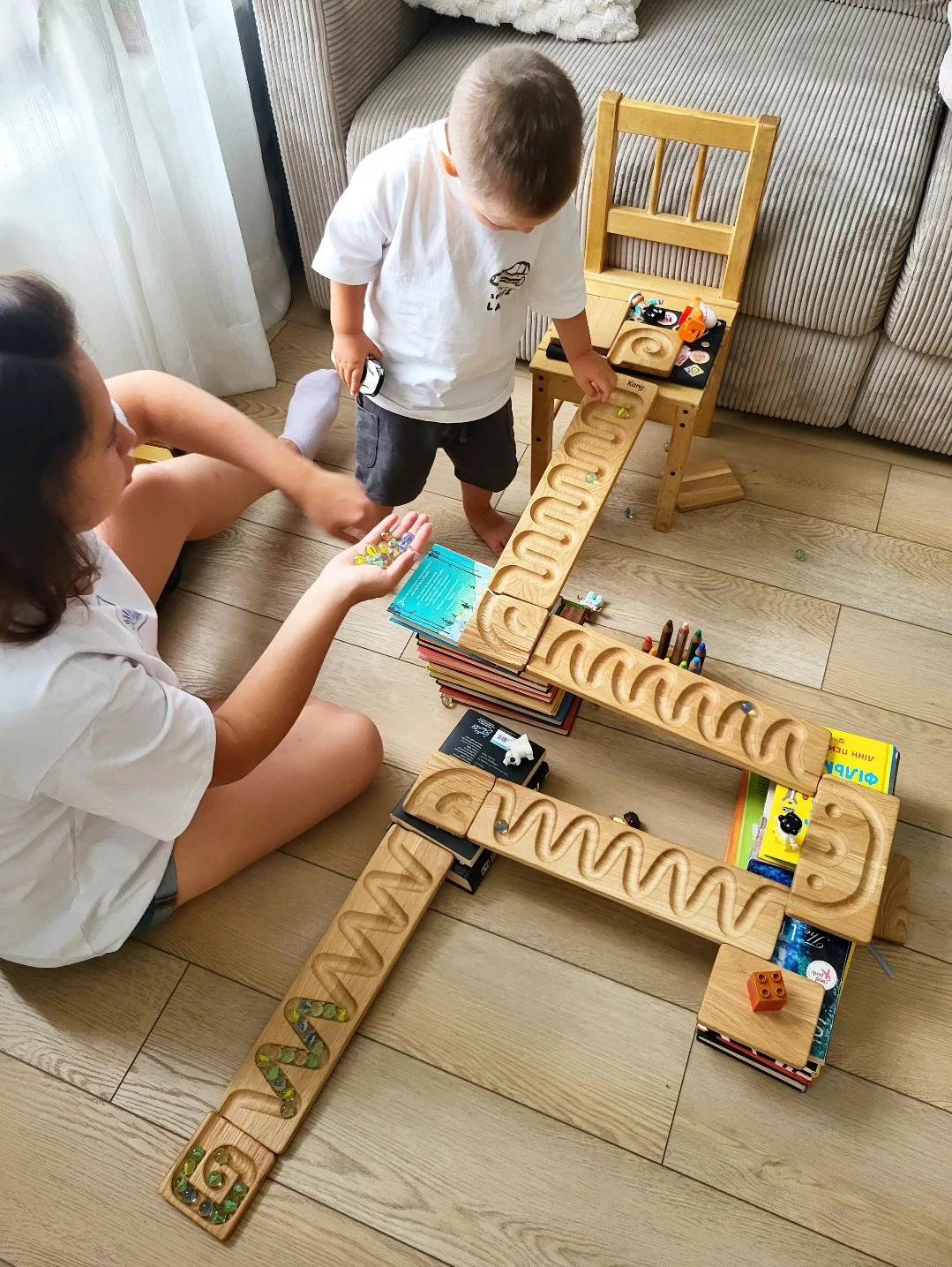 Kids Gift Wooden Marble Run Race Marble Machine Winding Track Set ...