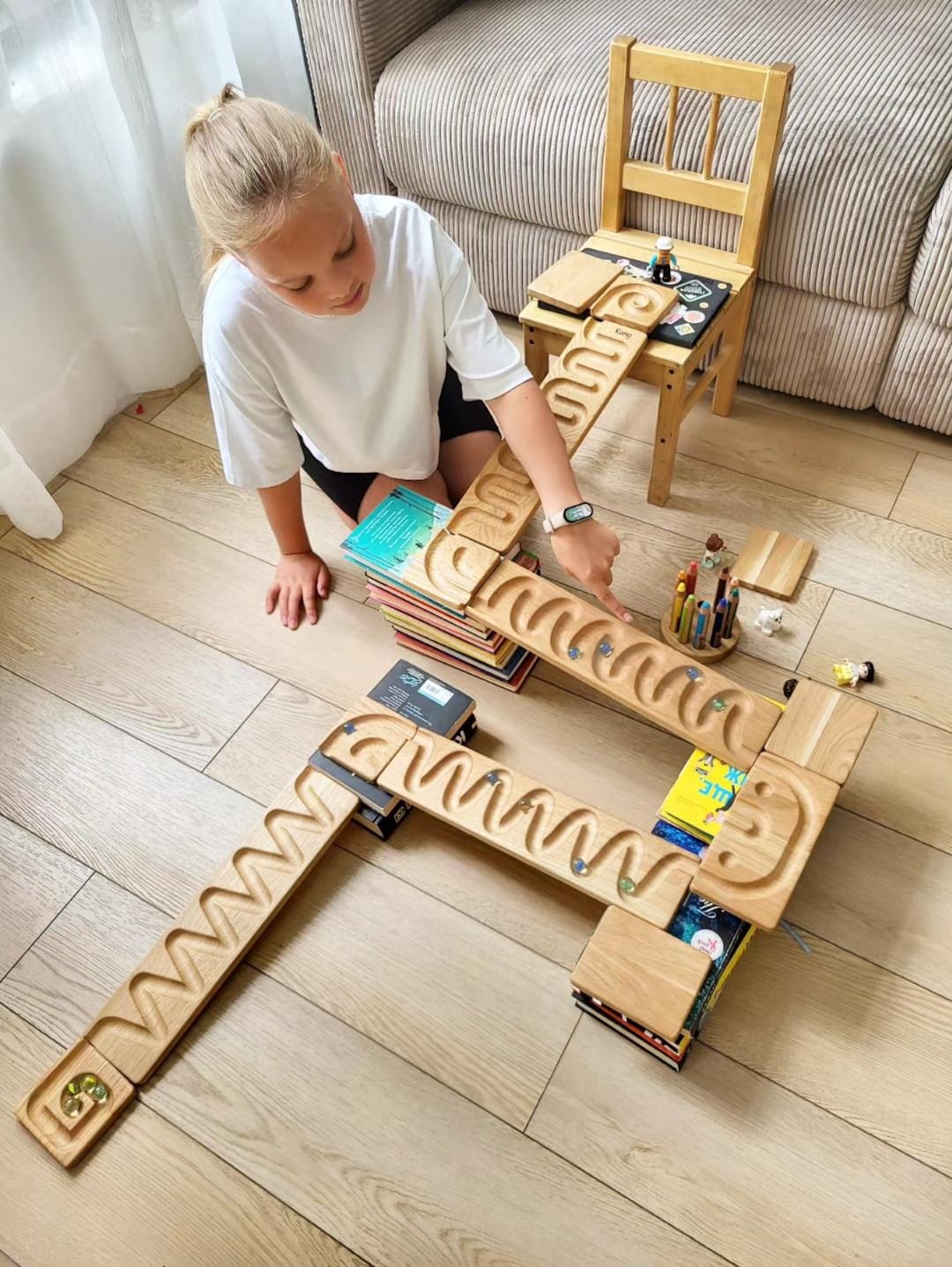 Gift for Kids Wooden Marble Run Race Winding Track Set Wooden Ball Run ...