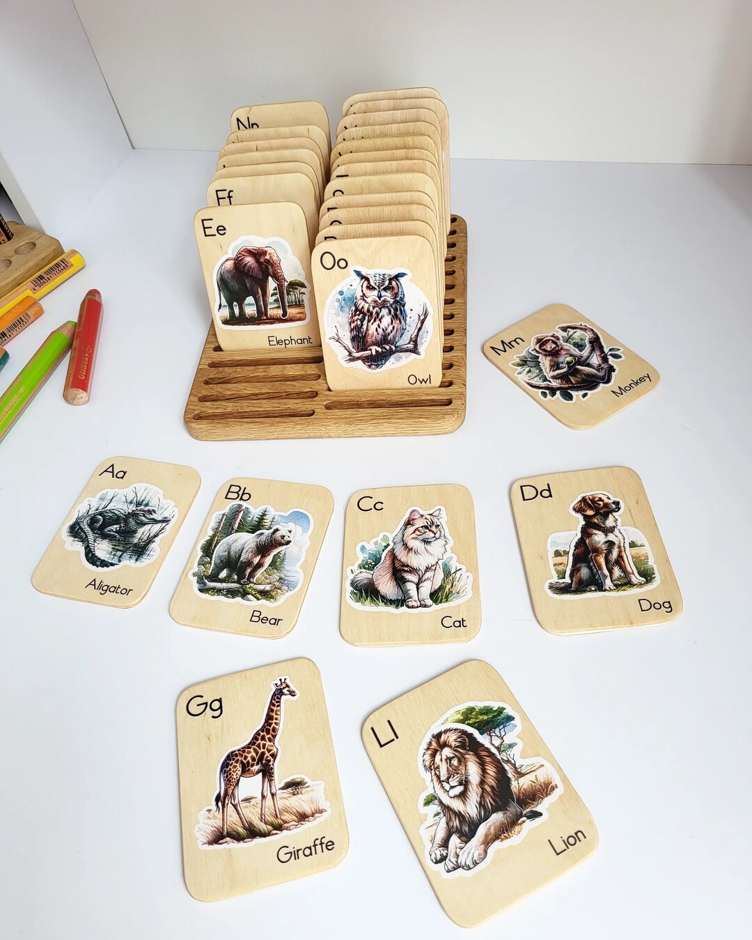Montessori Wooden Alphabet Flash Cards With Animals Pictures Learning ...