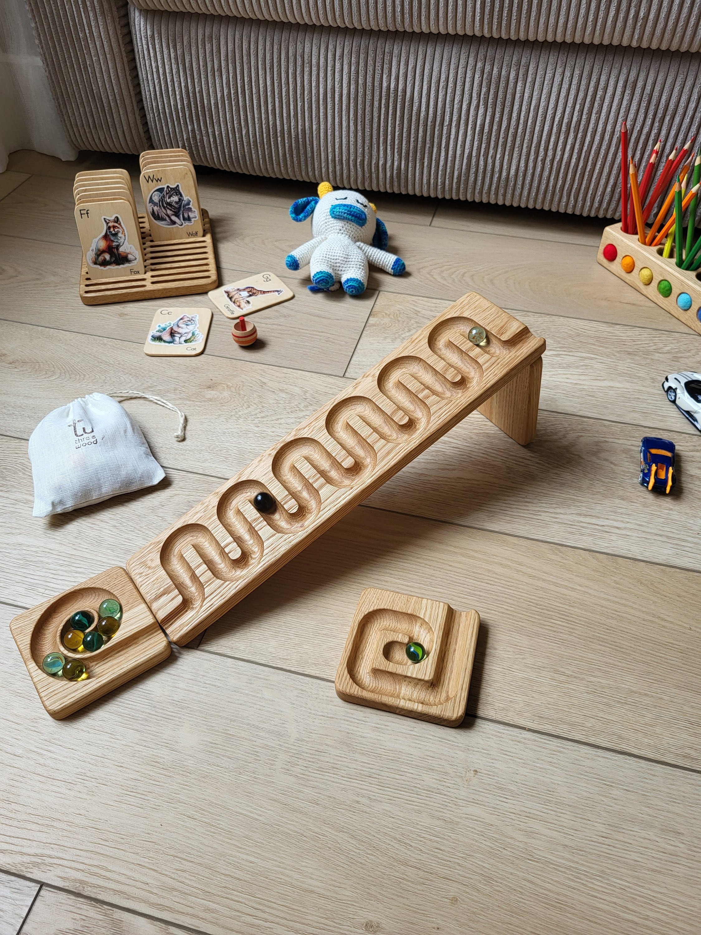 Gift for Kids Wooden Marble Run Race Winding Track Set Wooden Ball Run ...