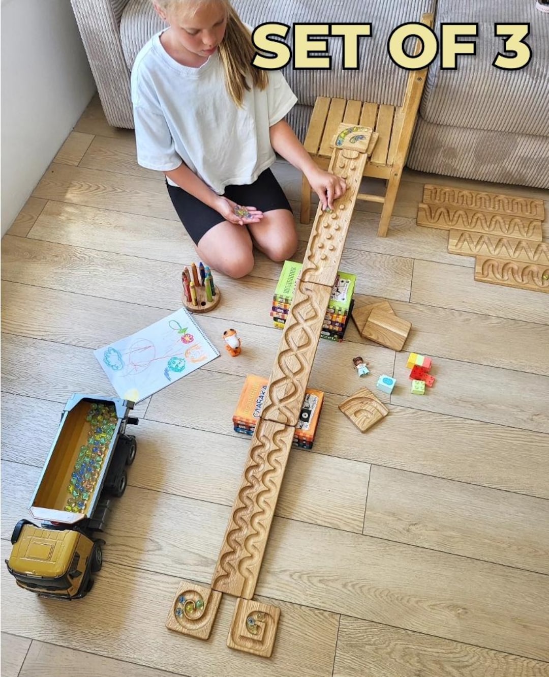 Gift for Kids Wooden Marble Run Race Marble Machine Winding Track Set ...