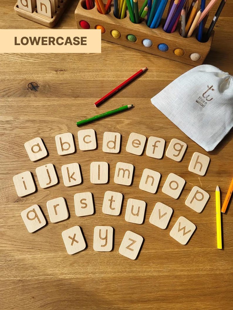 Wooden Alphabet Tiles English Lowercase Uppercase Letters Montessori ...