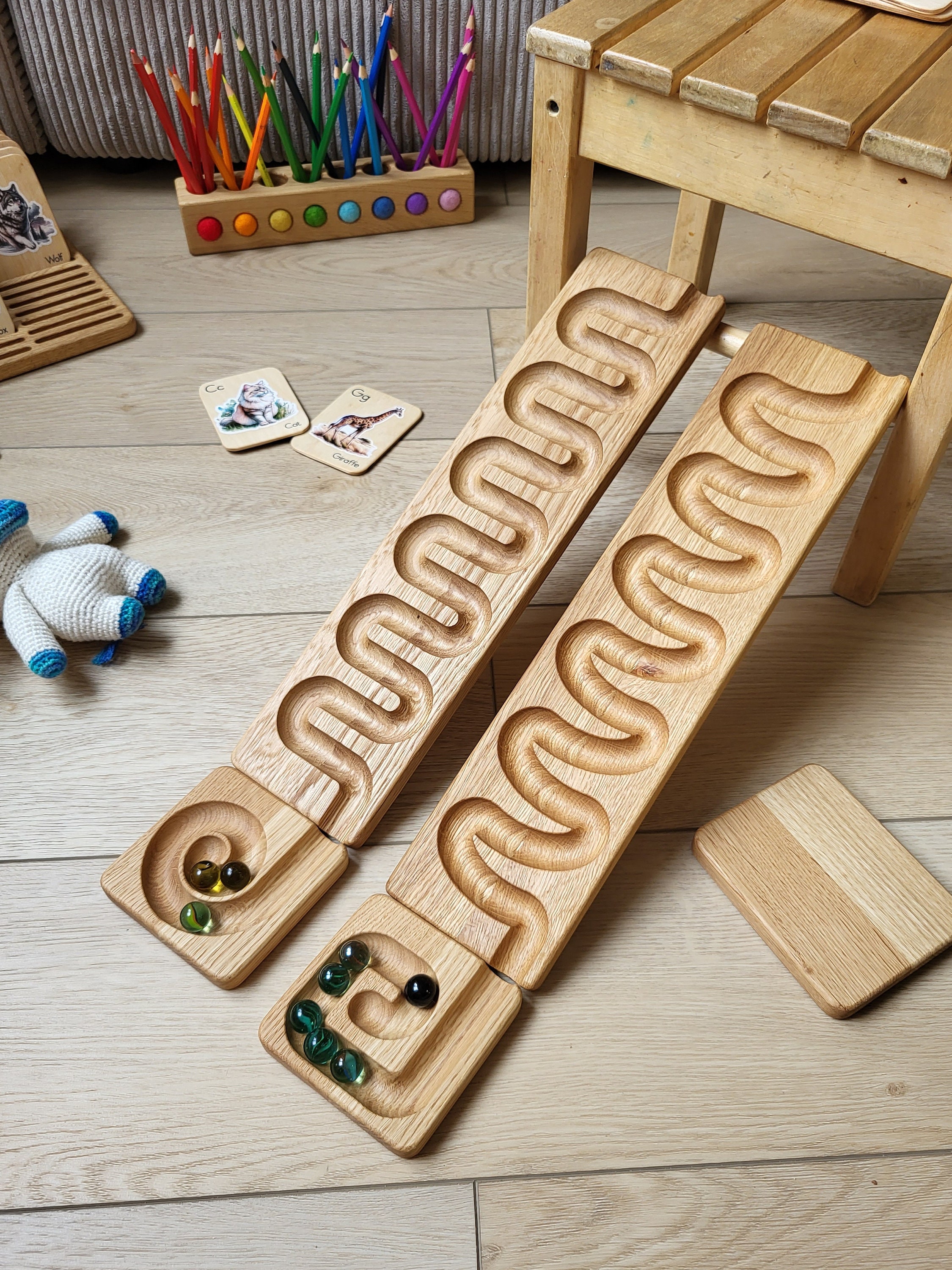 Gift for Kids Wooden Marble Run Race Winding Track Set Wooden Ball Run ...