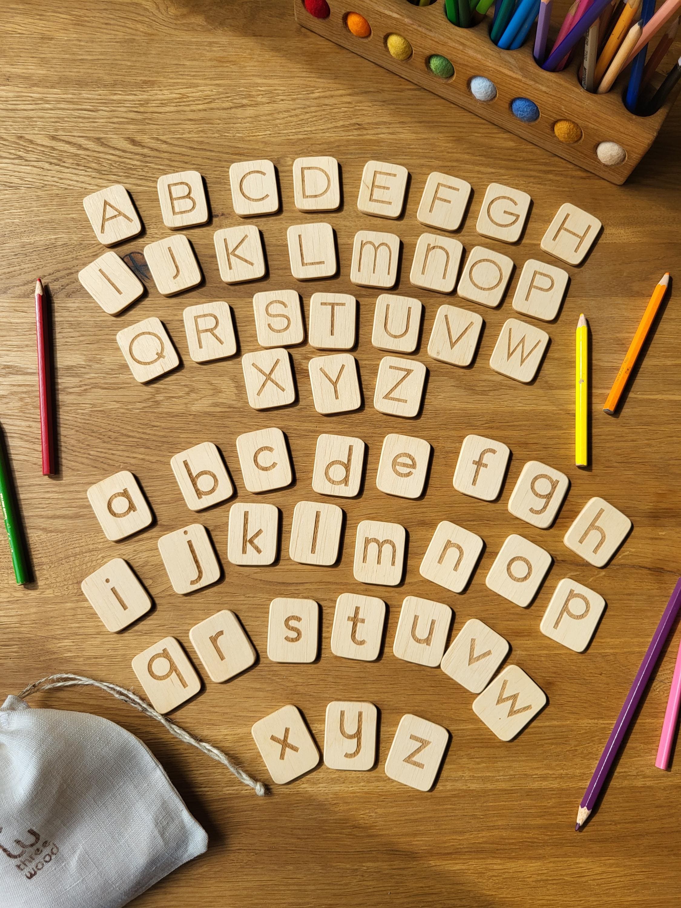 Wooden Alphabet Tiles English Lowercase Uppercase Letters Montessori ...