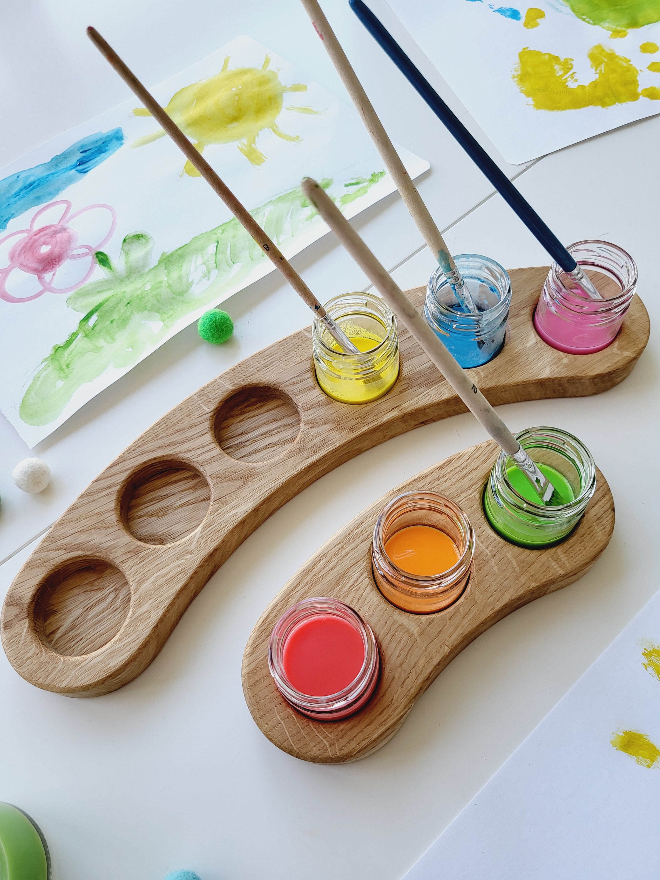 Waldorf Wooden Paint Jar Holder Brush Organizer Watercolor Tray ...
