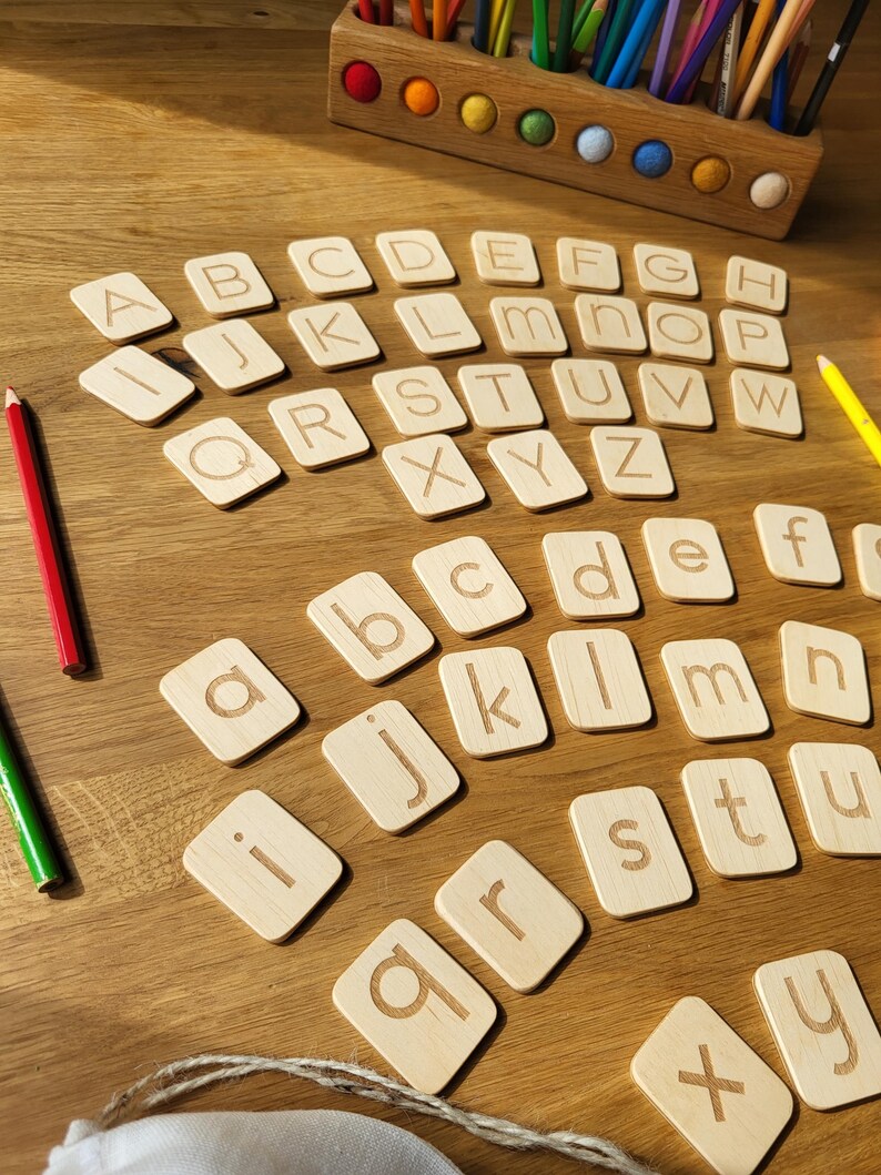 Wooden Alphabet Tiles English Lowercase Uppercase Letters Montessori ...