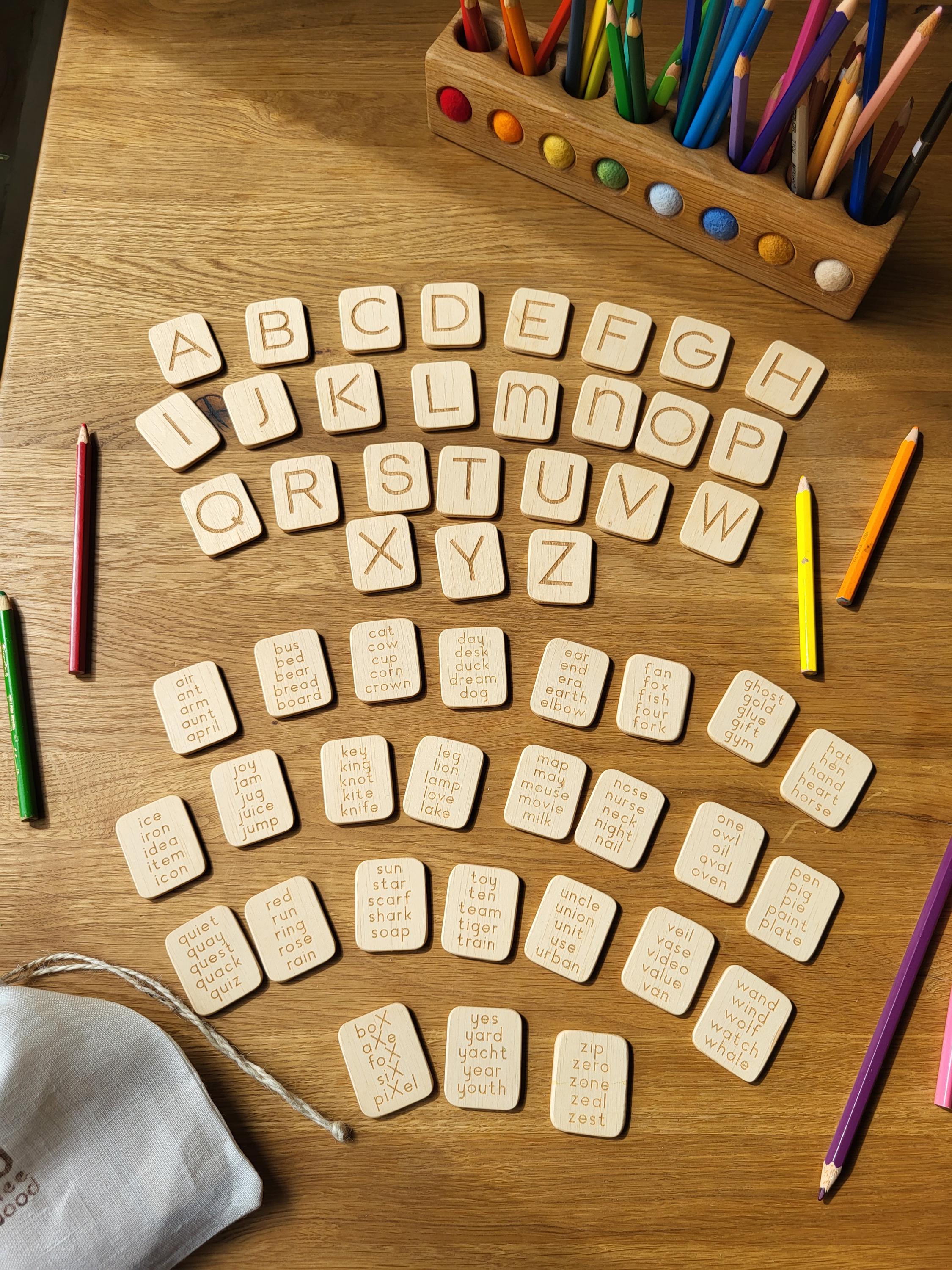 Wooden Alphabet Tiles English Lowercase Uppercase Letters Montessori ...