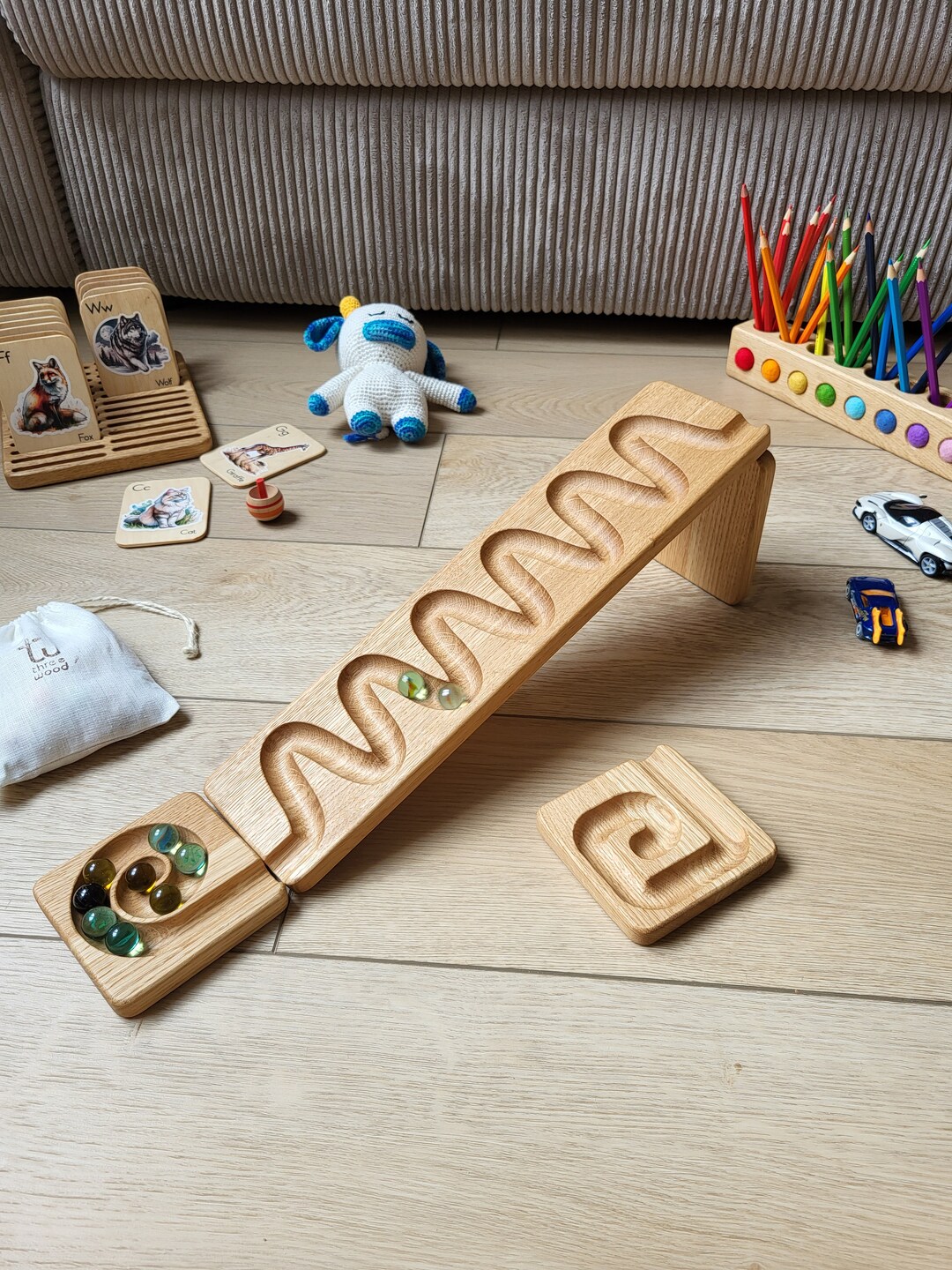 Wooden Marble Run WATERFALL Race Marble Track Machine Winding Track Set ...