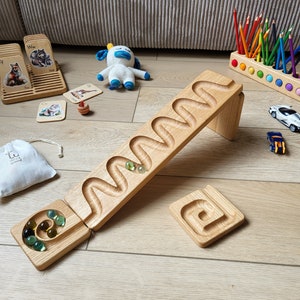 Wooden Marble Run WATERFALL Race Marble Track Machine Winding Track Set ...