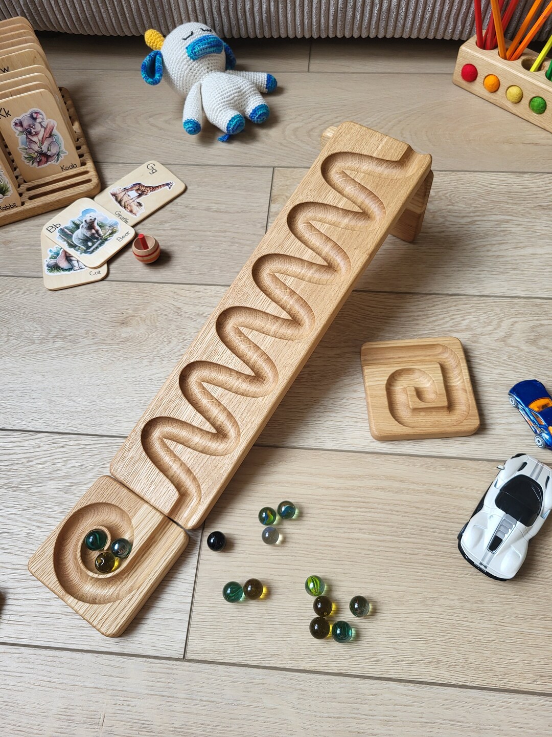Wooden Marble Run WATERFALL Race Marble Track Machine Winding Track Set ...