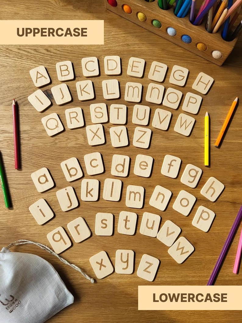 Wooden Alphabet Tiles English Lowercase Uppercase Letters Montessori ...