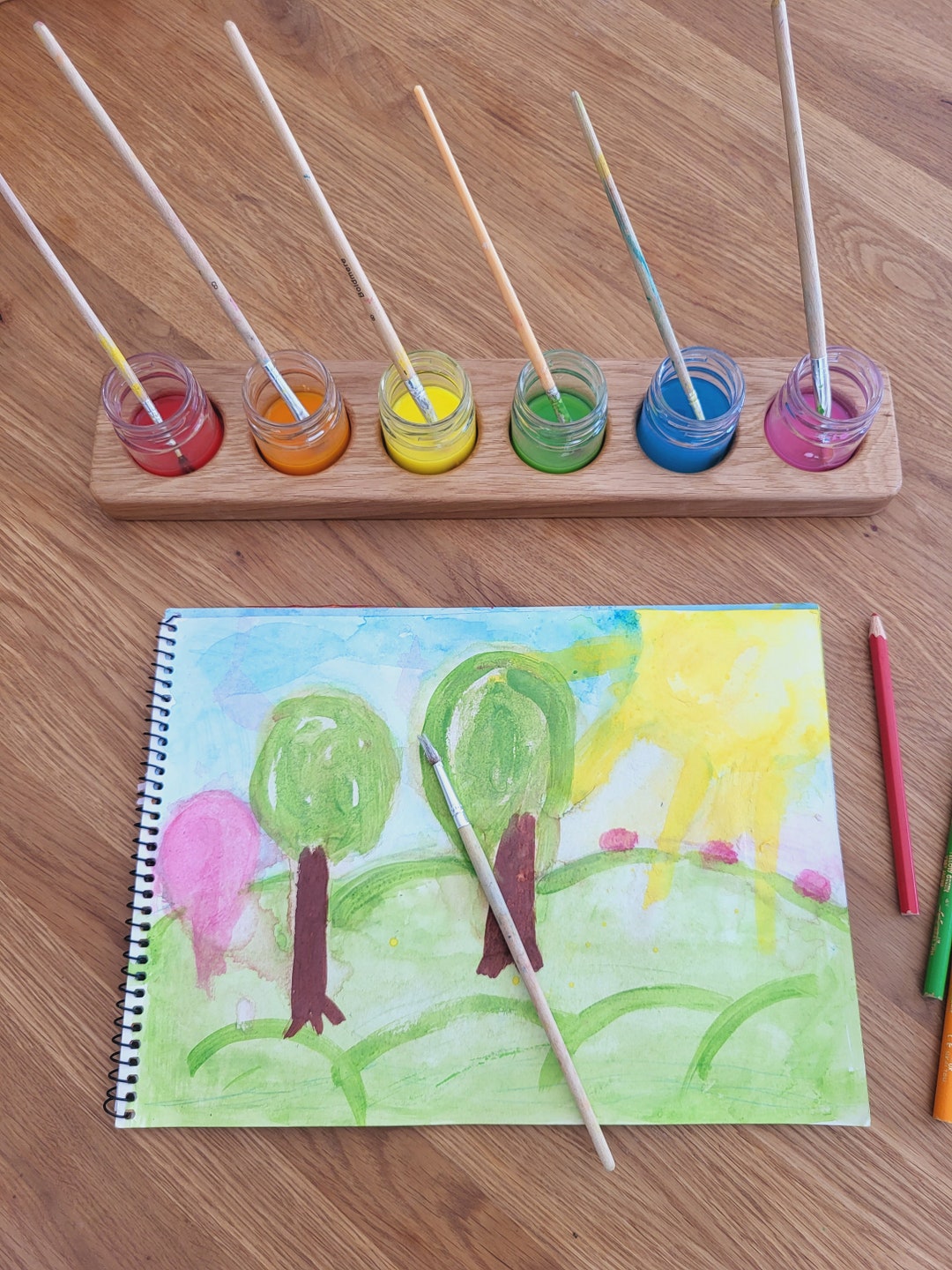 Waldorf Wooden Paint Jar Holder Brush Watercolor Painting Sorting Tray ...