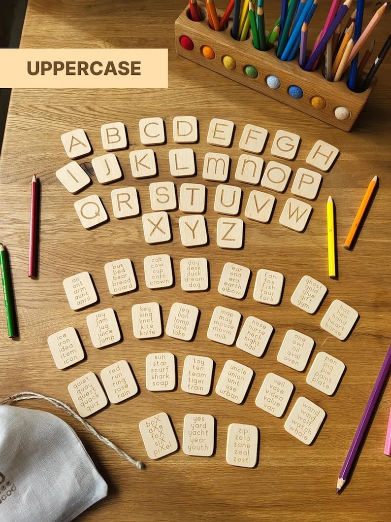 Wooden Alphabet Tiles English Lowercase Uppercase Letters Montessori ...