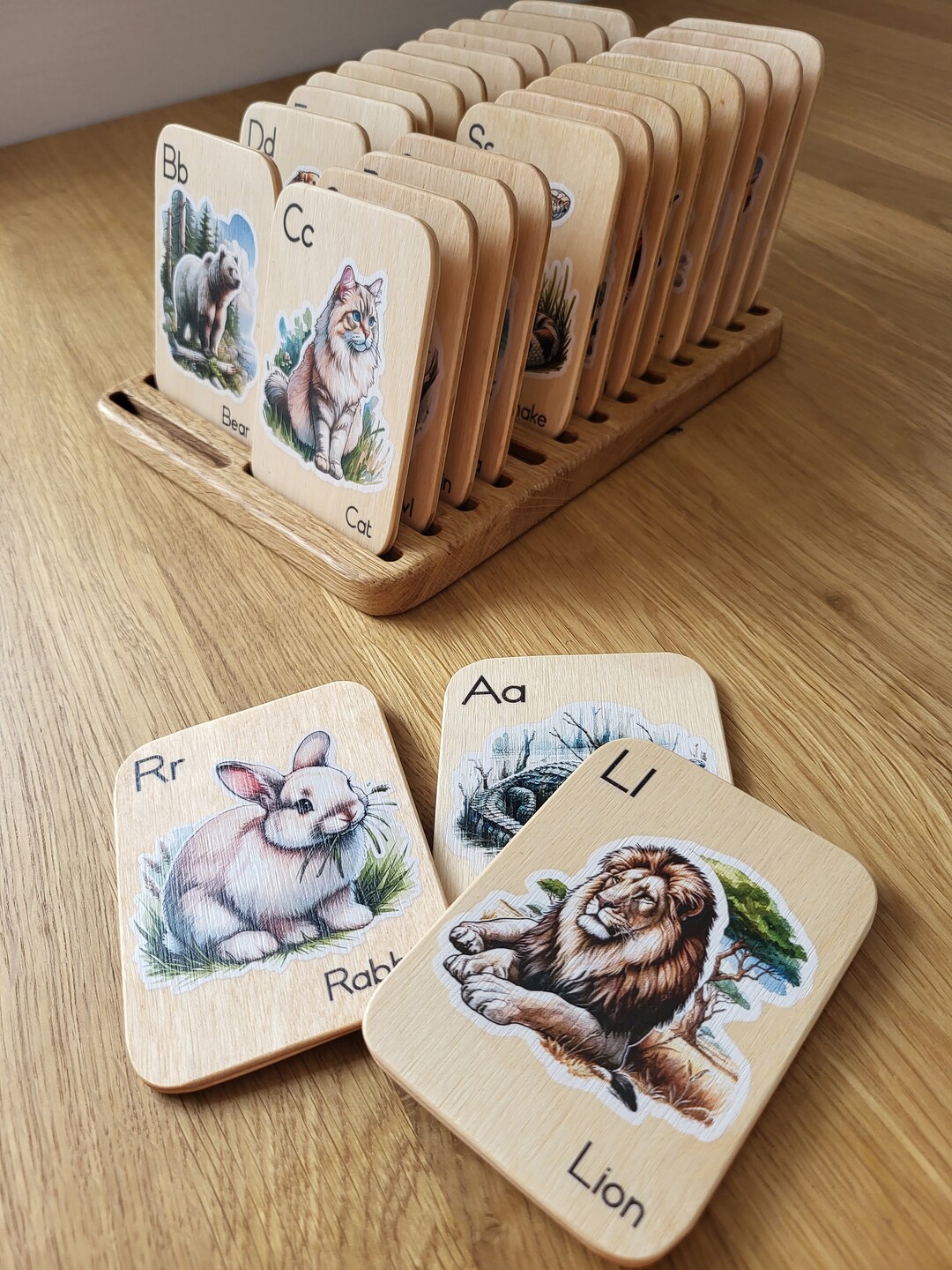 Montessori Wooden Alphabet Flash Cards With Animals Pictures Learning ...