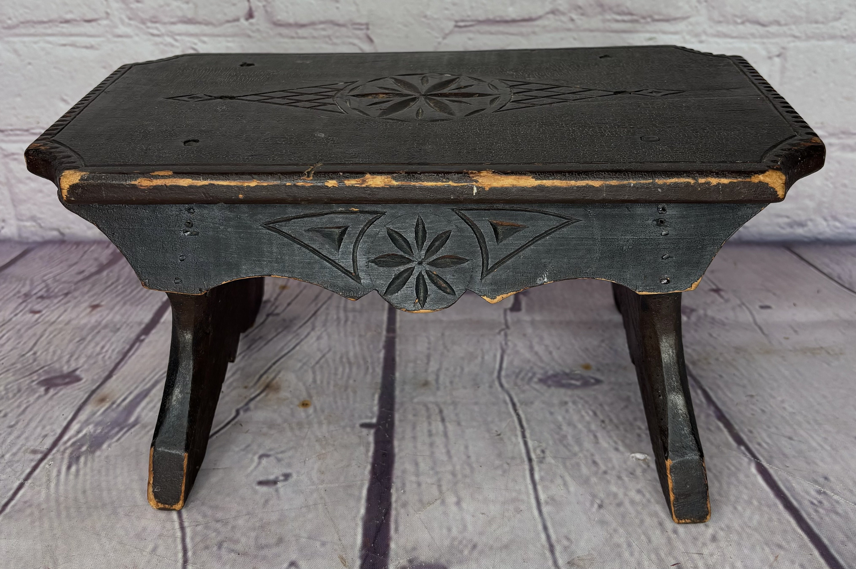 A Rare Antique Folk Art Chip Carved Nova Scotia Foot Stool in Original ...
