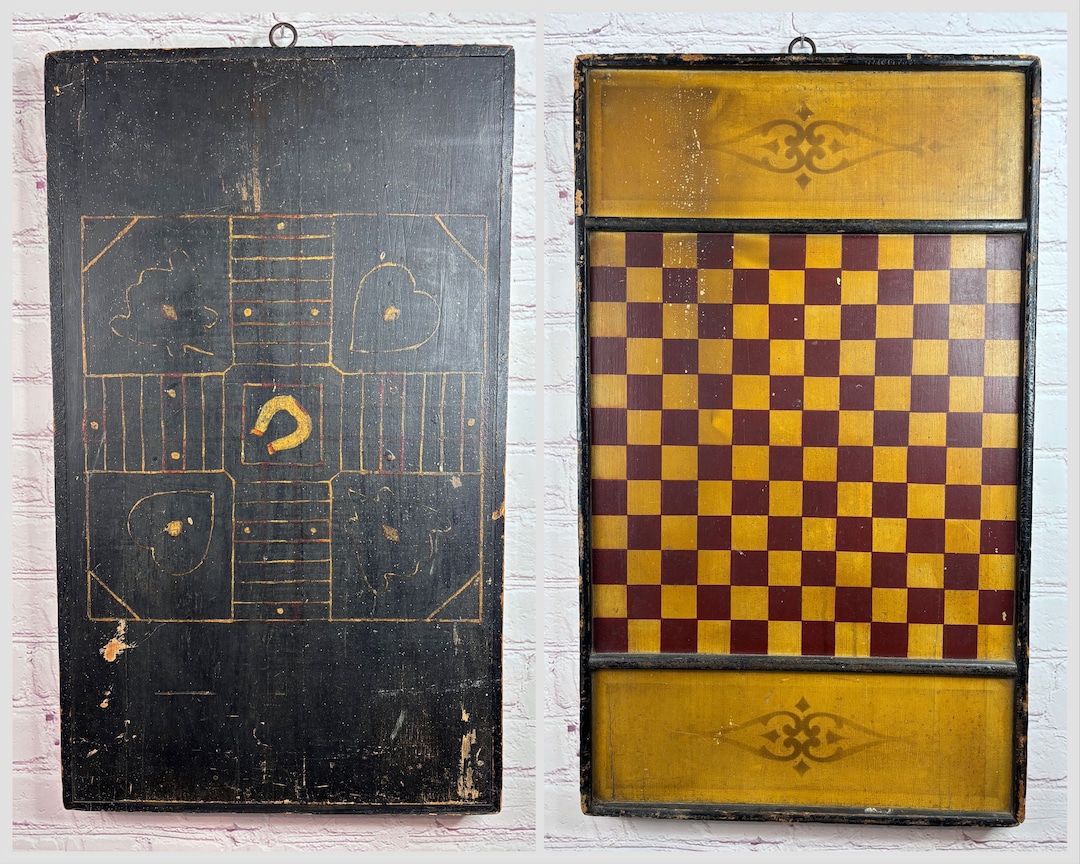 Antique Folk Art Parchesi and Checkers Gameboard in Wood and Original ...