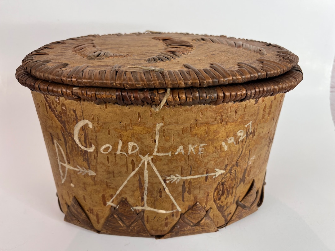 TARIFFS FREE * Vintage Native American Birch Bark Basket With Lid ...