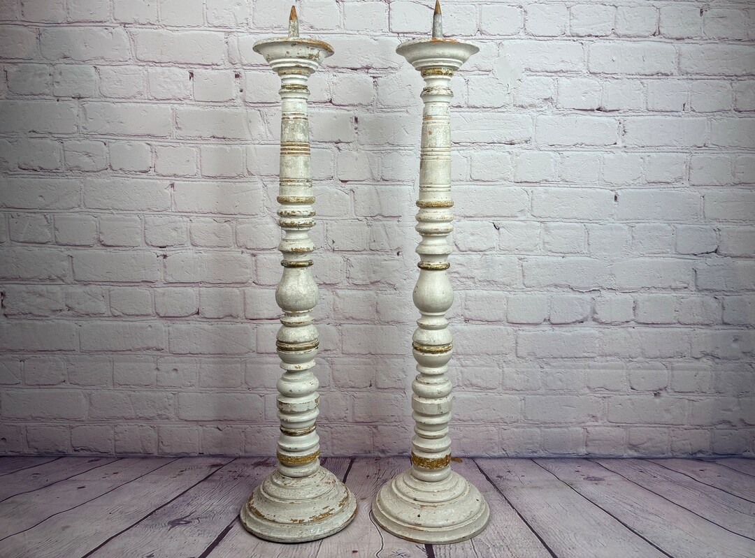 A Pair of Antique Wooden Church Candlesticks, Pair of Large Turned Wood ...