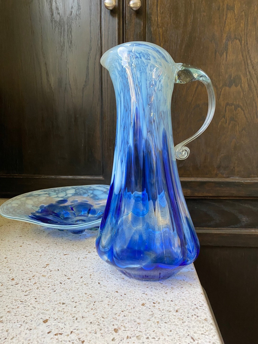 Art Glass Tall Pitcher/bowl. Hand Blown Blue White Art Glass. Tall ...