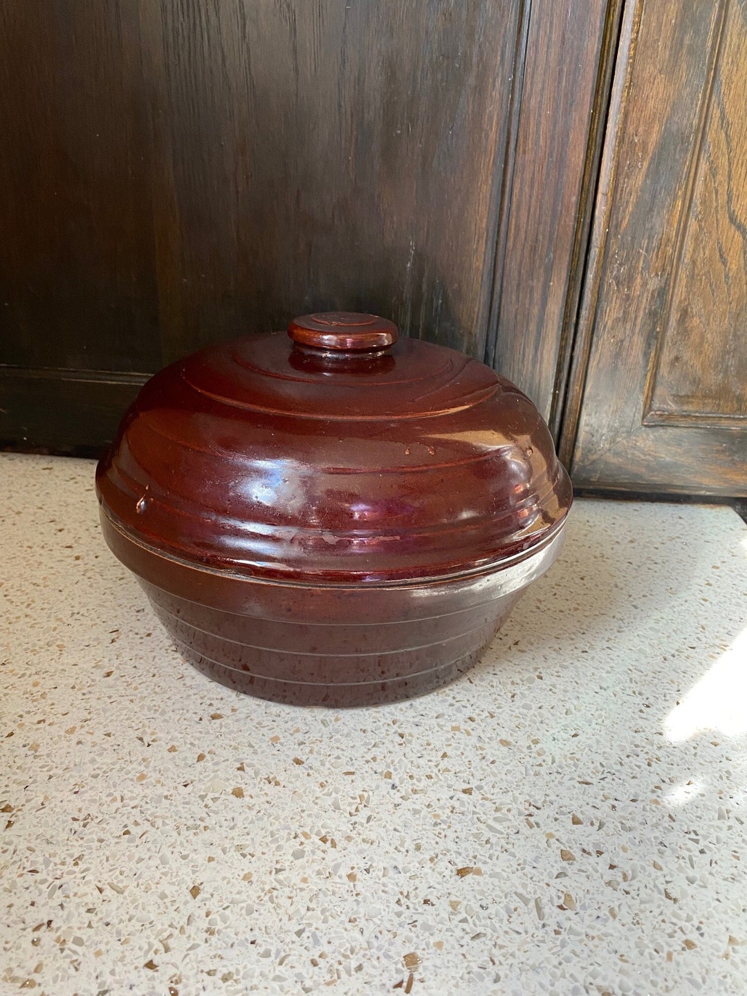Stoneware Serving Bowl W Lid. USA Brown Stoneware Bowl Lid. Brown Pot ...
