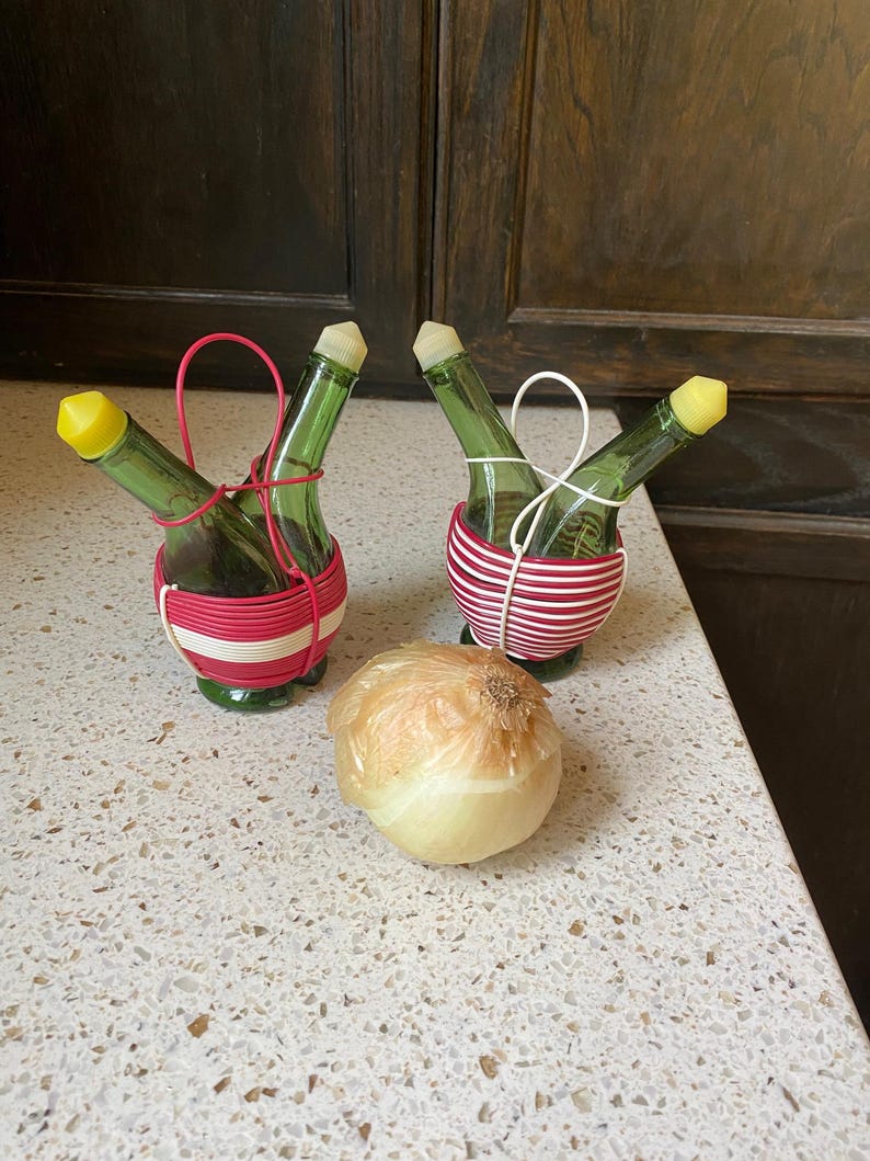 MCM Retro Oil Vinegar Set. Retro Green Glass Salt Pepper Set. Wire ...