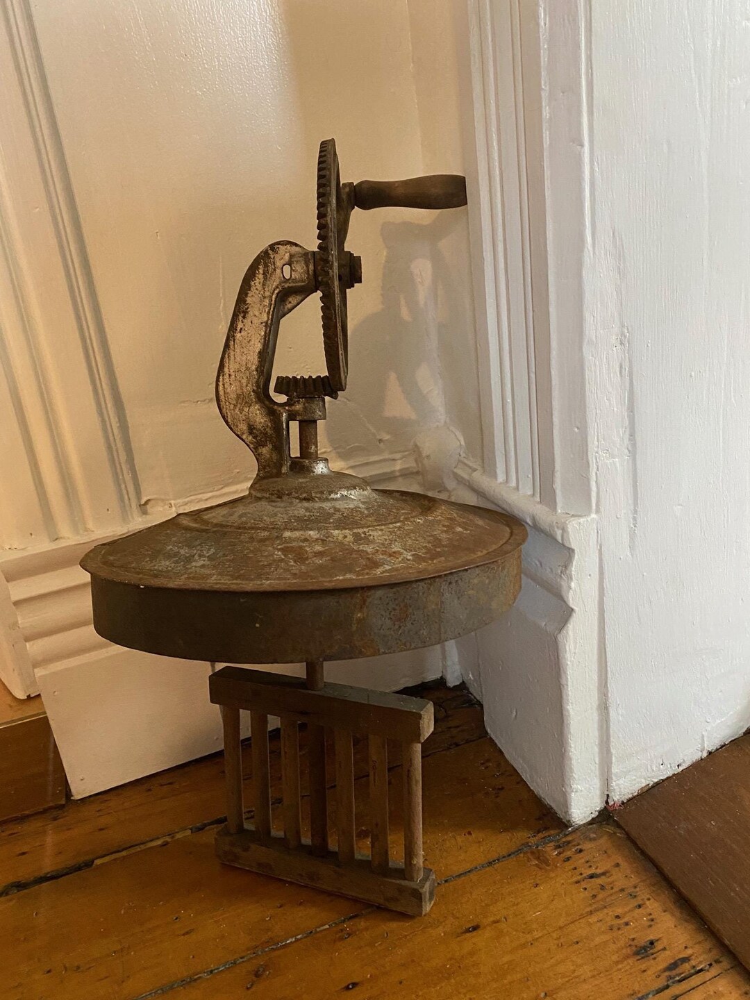 Antique Butter Churn With Turning Gears and Wooden Paddle. Metal Churn ...