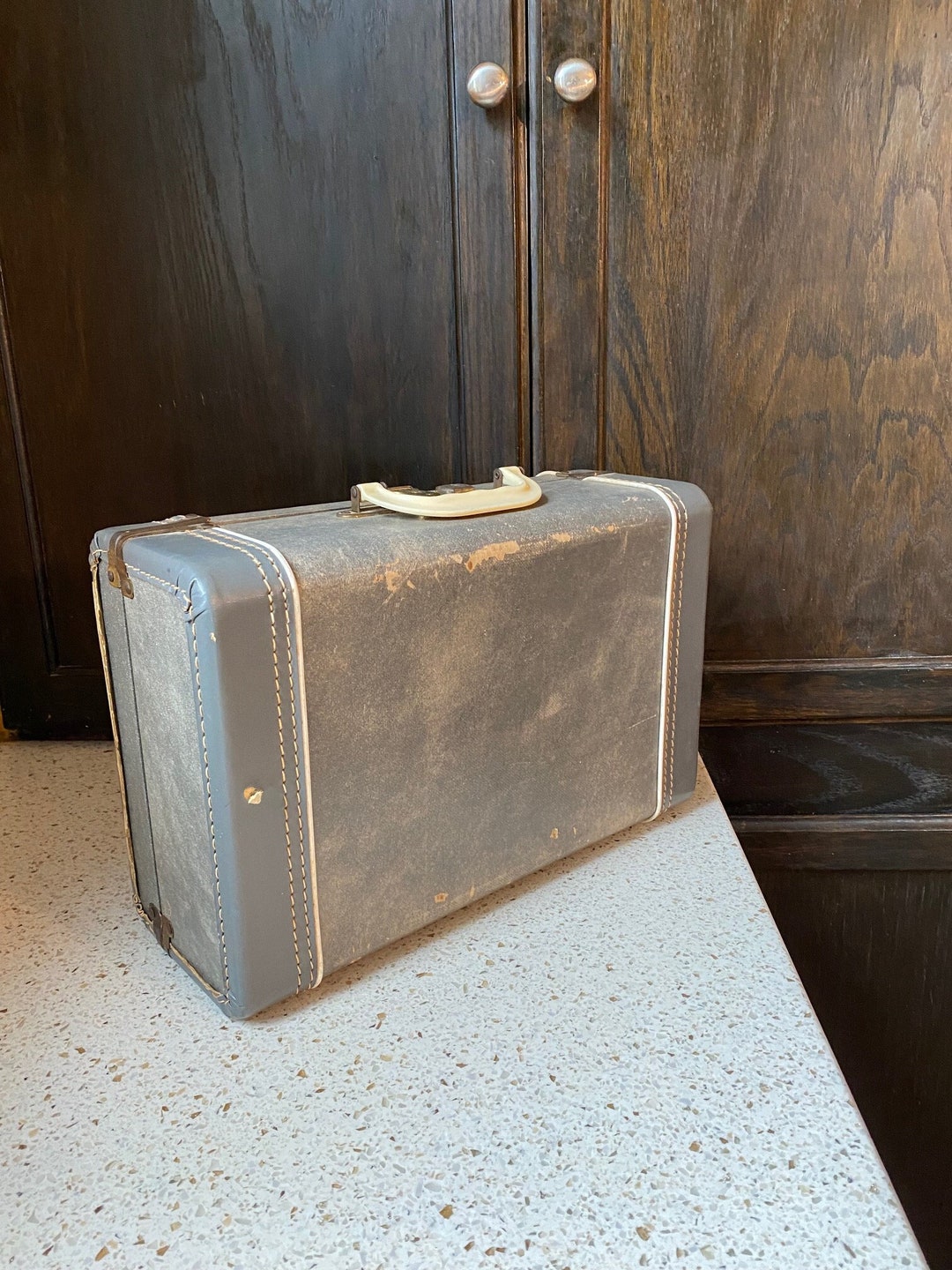 Gray Vinyl Suitcase. Small Vintage Two Tone Suitcase. Retro Gray Ivory ...