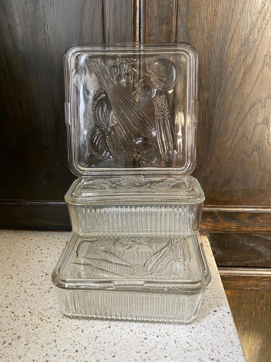Hazel Atlas Refrigerator Box. Embossed Veggie Glass Storage. Retro ...