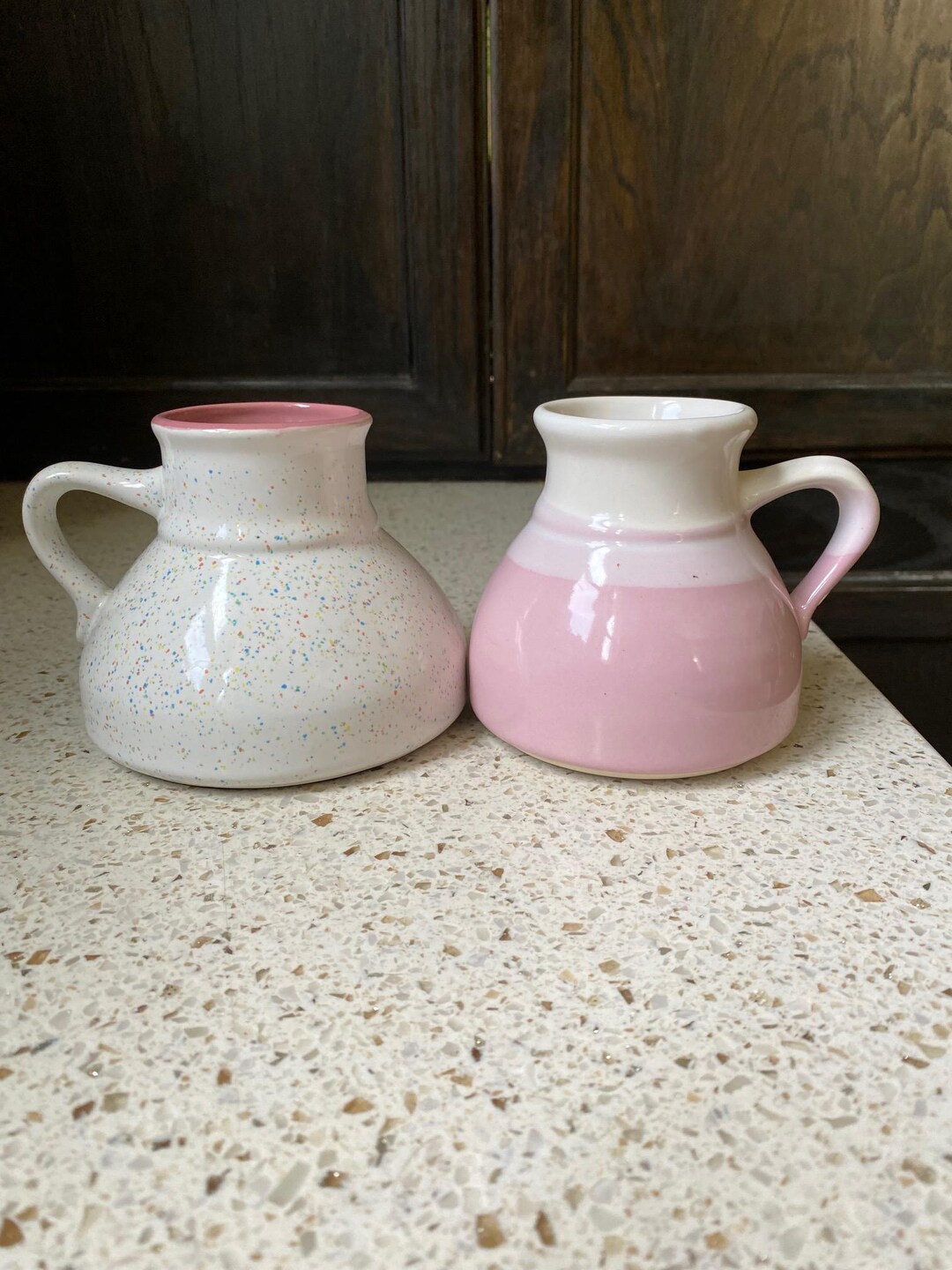 2 Wide Bottom Mugs. Heavy Bottom Mug. Vintage Speckle/pink Wide Mug ...