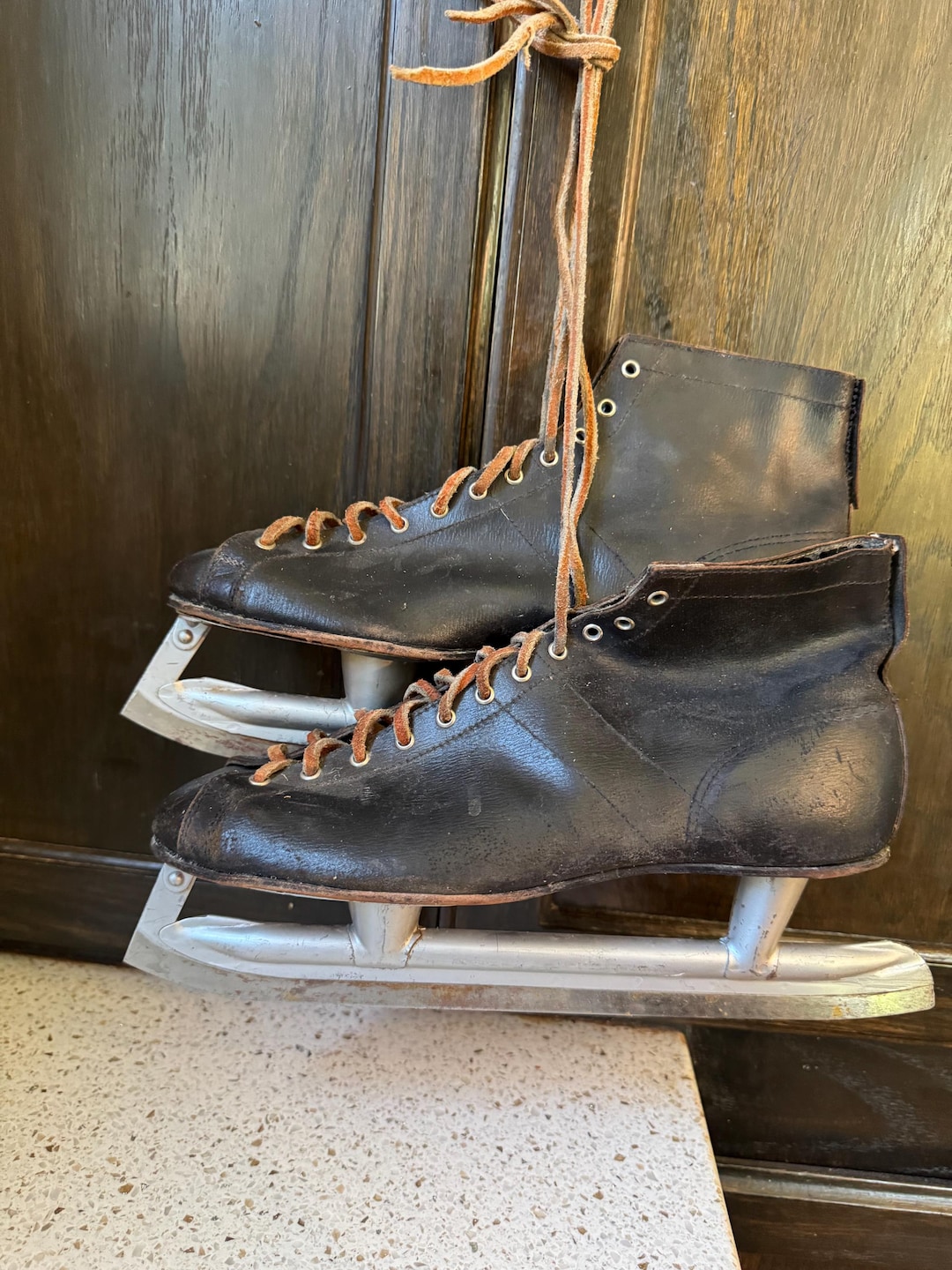 Leather Ice Skates. Old Black Ice Skates. Lace up 11 Inch Winter Lodge ...