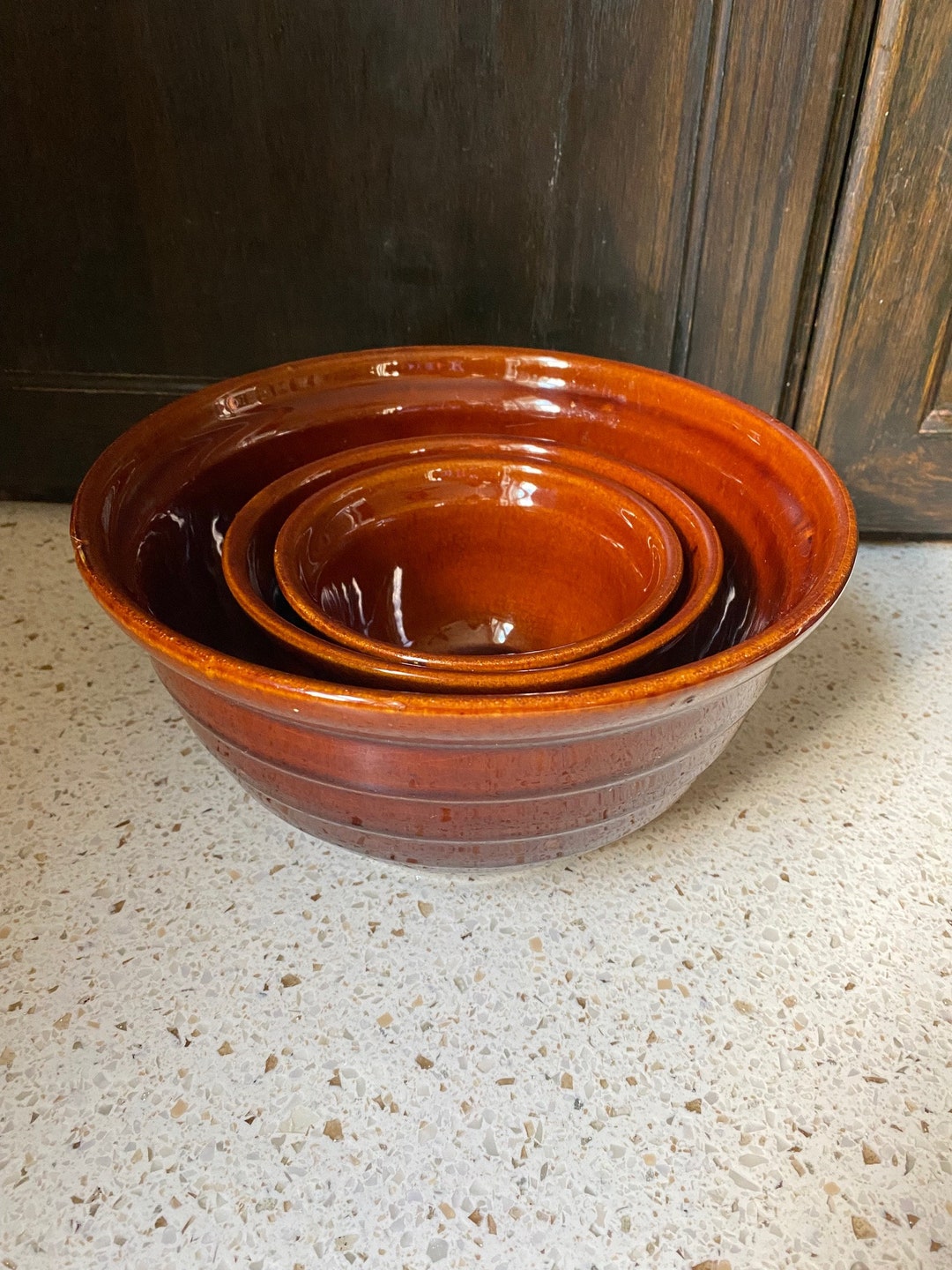 3 Marcrest Nesting Bowls. 3 Brown Ceramic Ringed Bowls. Vintage USA ...