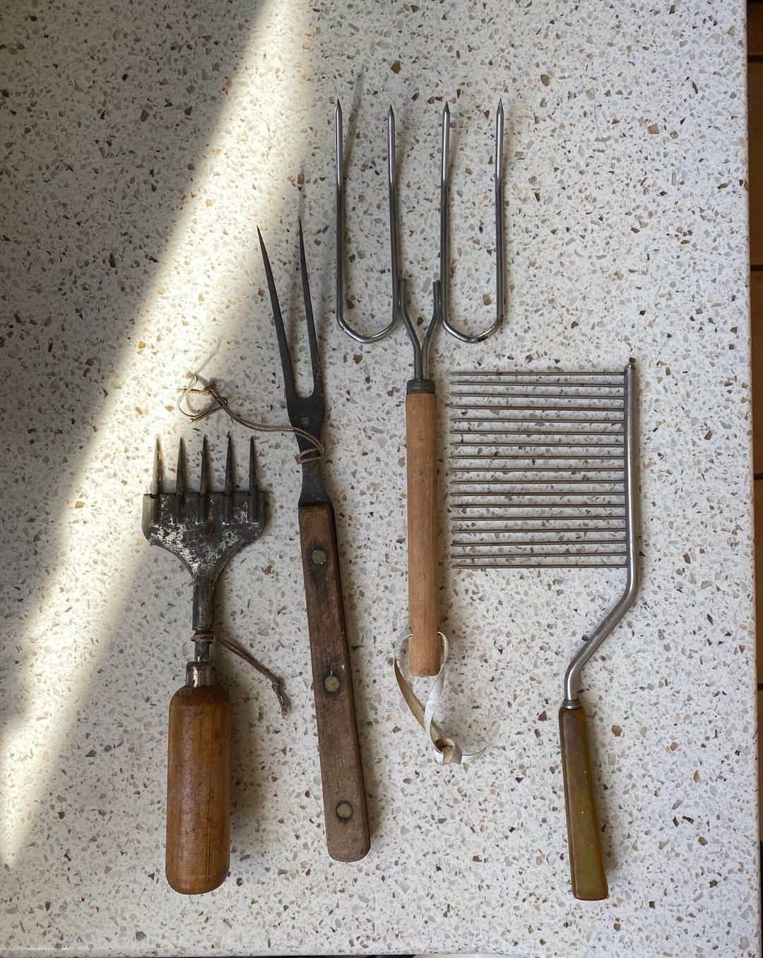 Old Wood Utensils, Prongs. Old Kitchen Utensil. Distressed Wood ...