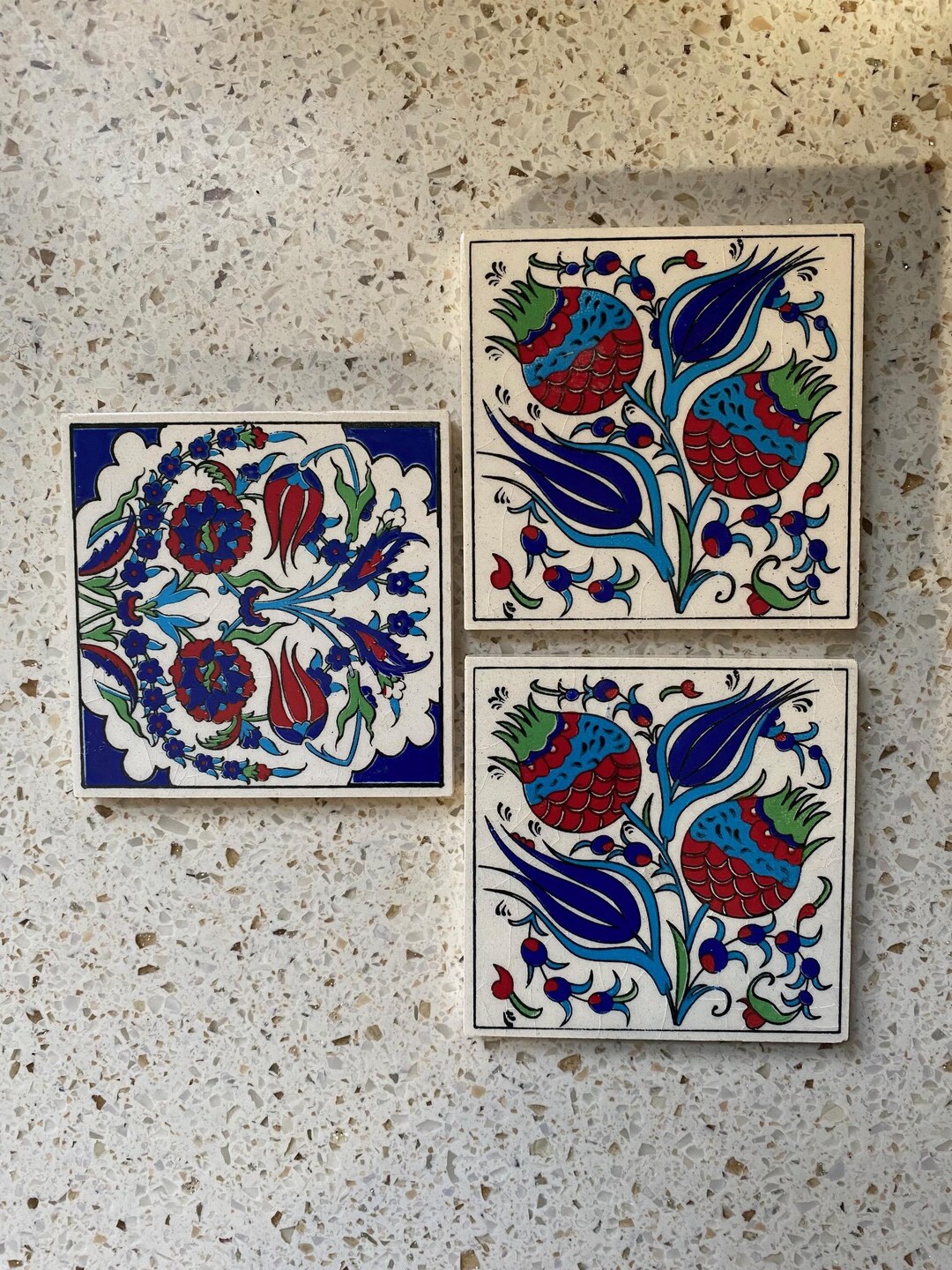 3 Vintage Turkish Tiles. Turkish Tulip Traditional Design Tiles. Blue ...