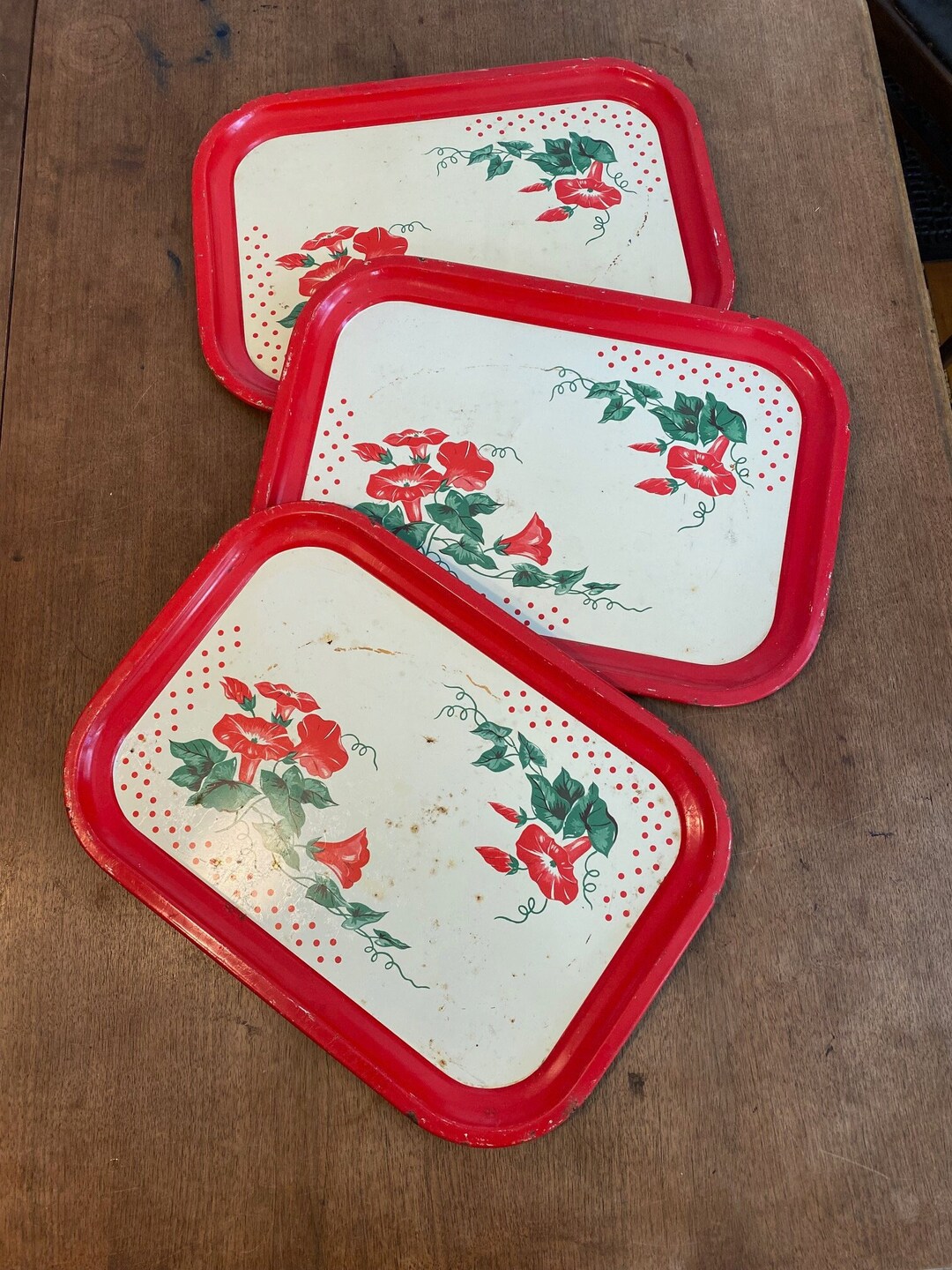 3 Red Floral Serving Trays. Vintage Rectangle Floral Tray. Red Morning ...