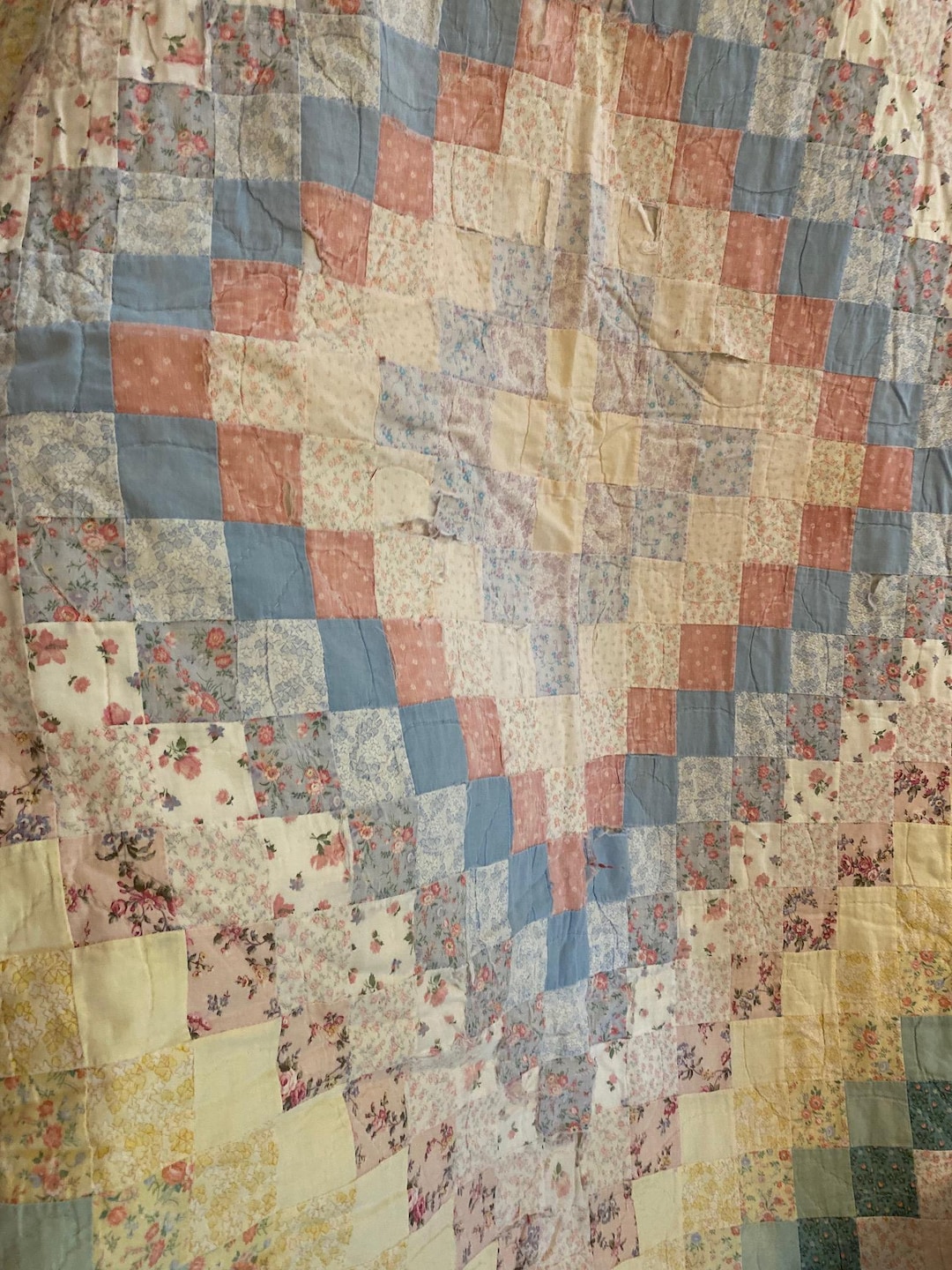 Multi Square Hand Quilt. Diamond Design Pastel Quilt. Vintage Pink Blue ...