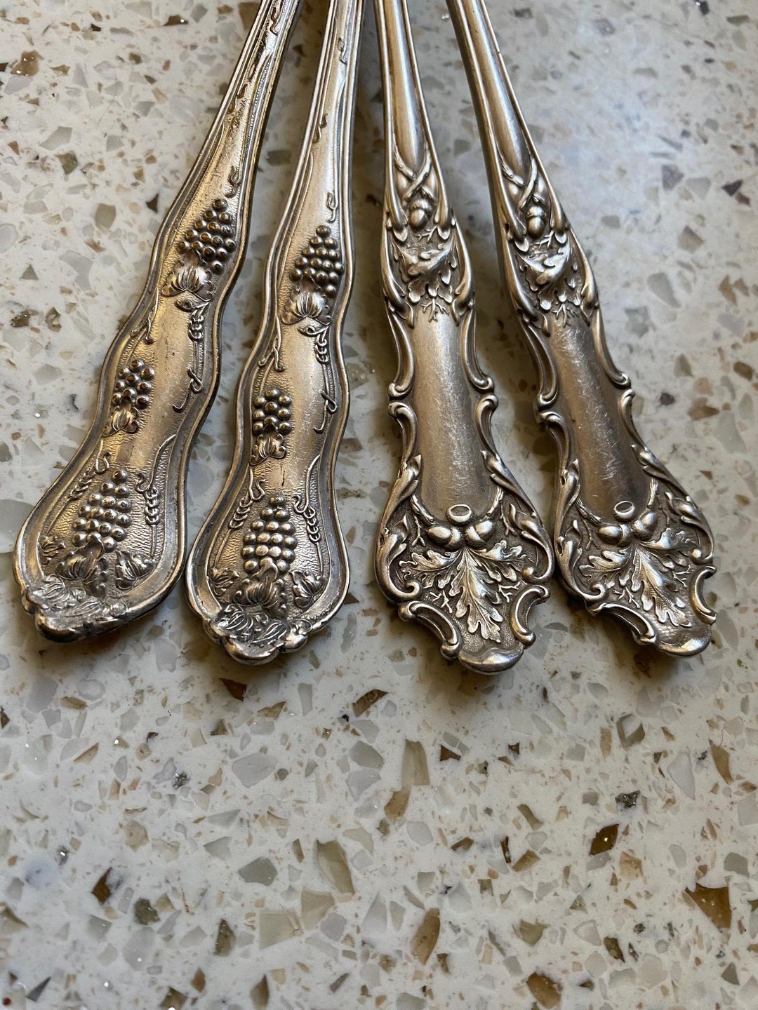 4 Ornate Silver Spoons. Grape Design Serving Spoons. Acorn Serving ...