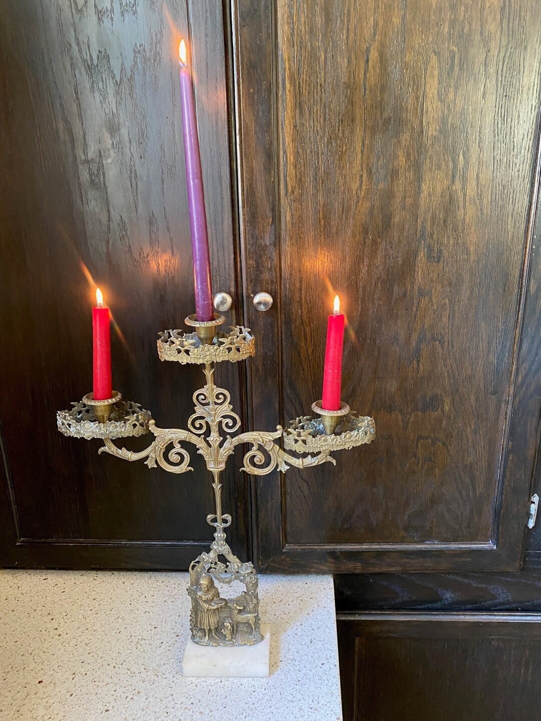 Ornate Girl Candelabra. Girl W Dog Ornate Brass Candelabra. Victorian ...