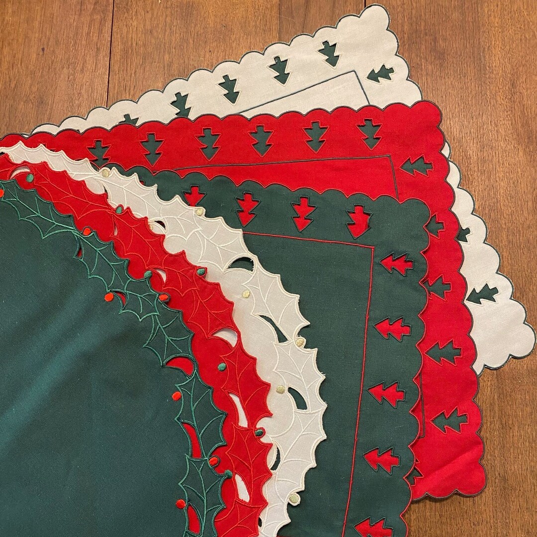 6 Xmas Placemats. Fabric Cut Work Placemats. Holly/tree Fabric ...