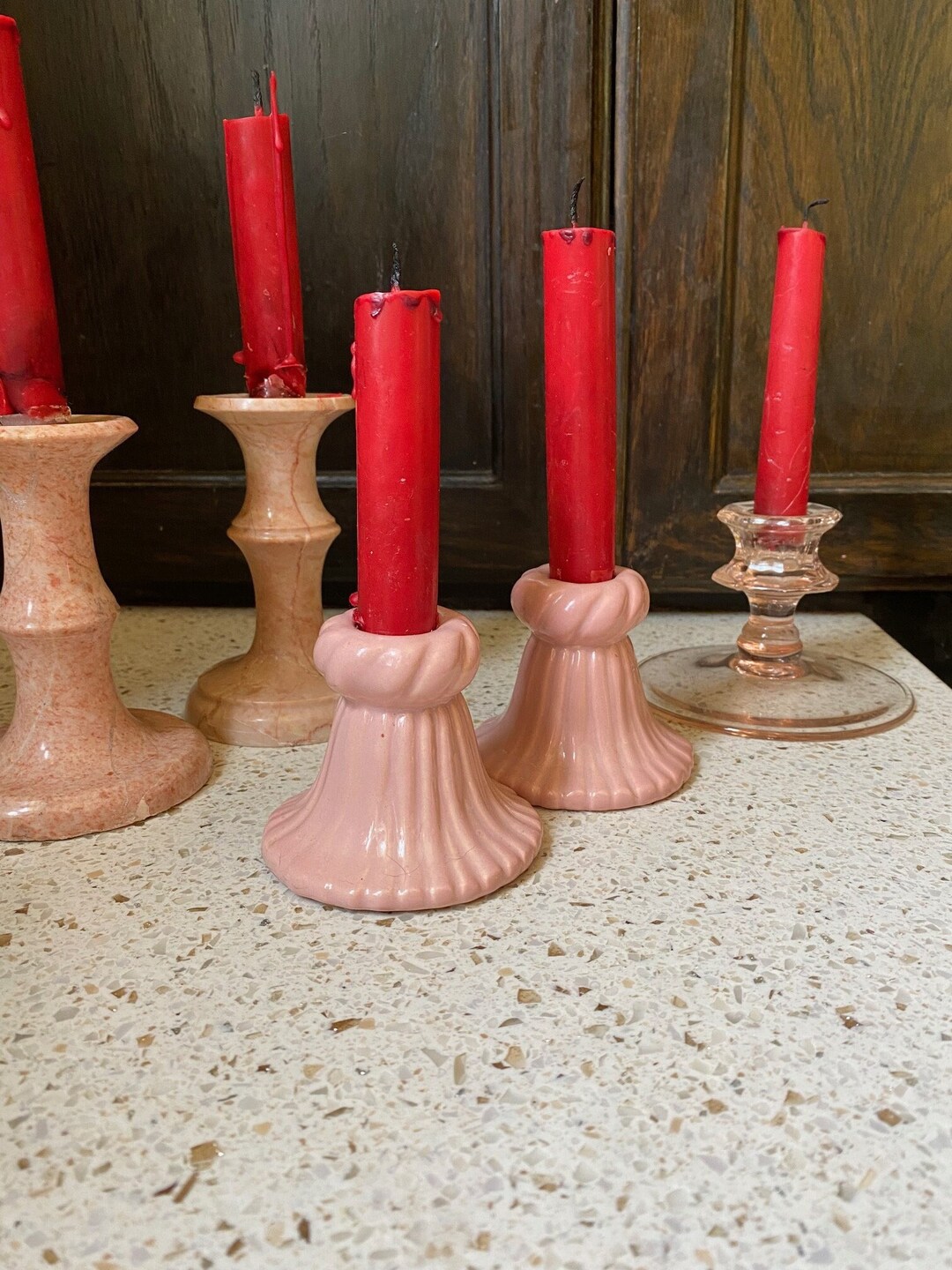 Small Pink Candlesticks. Marble Candlesticks, Pink Depression Glass ...