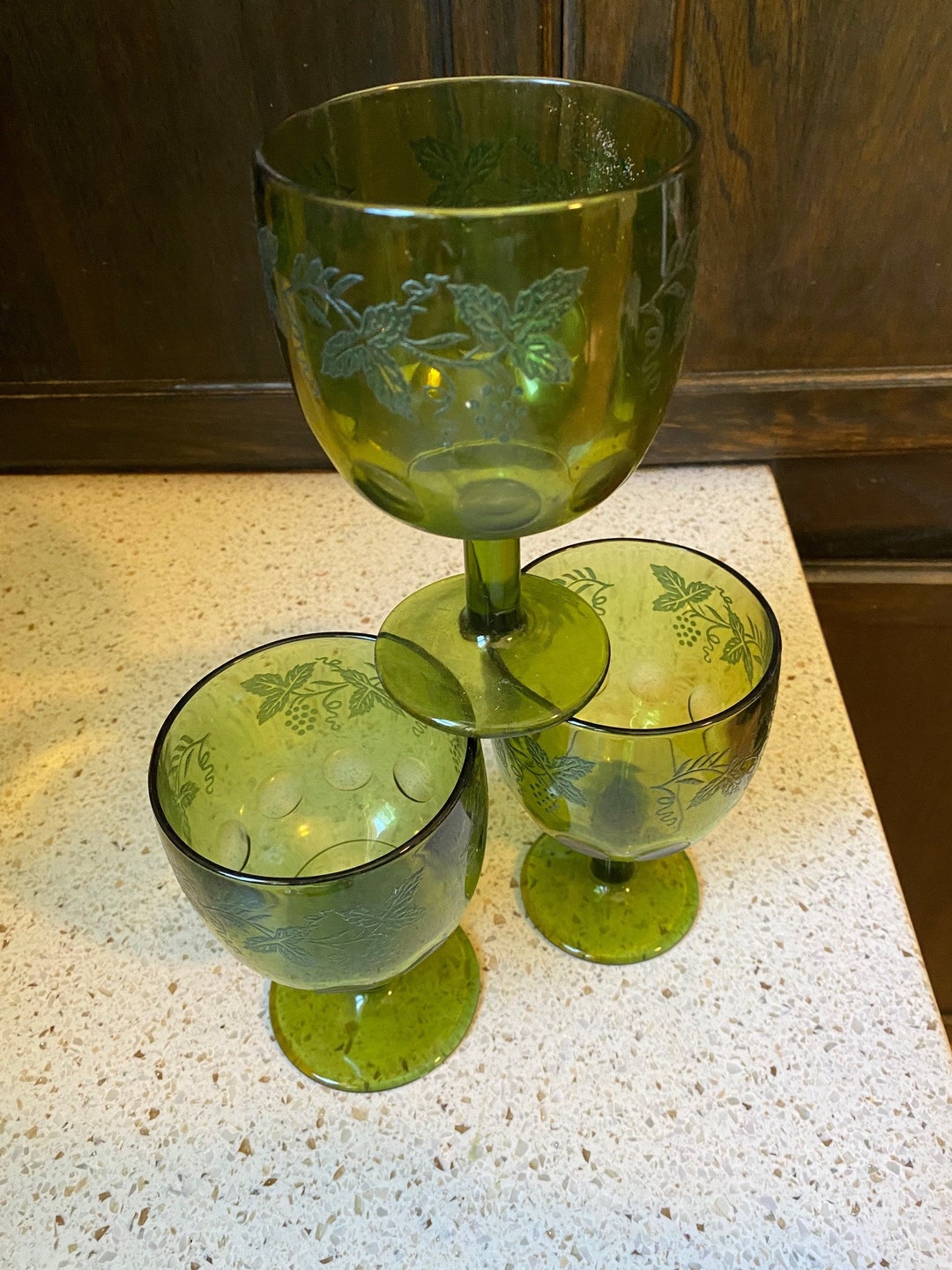3 Grapevine Thumbprint Goblets. Bartlett Collins Green Glassware. Glass ...