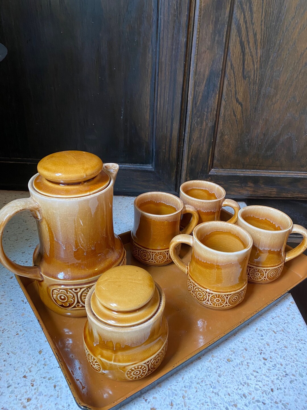 Drip Glaze Gold Coffee Set. Japanese Gold Floral Retro Coffee Set ...