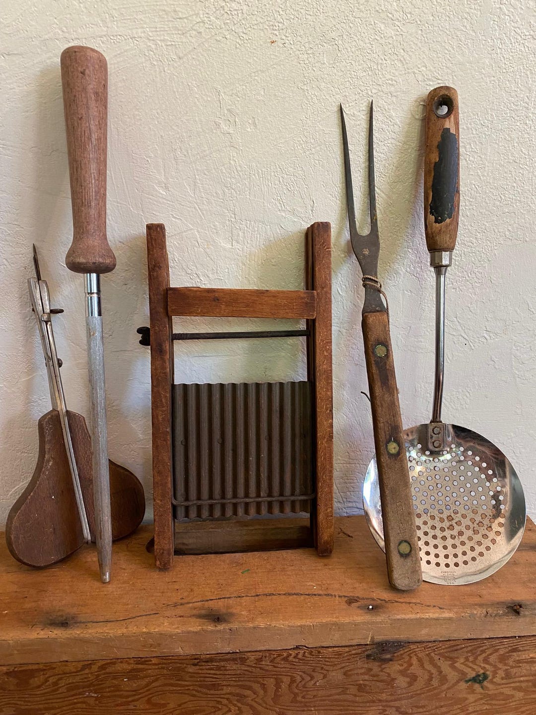 Distressed Utensil. Old Kitchen Gadget. Tongs, Slot Spoon, Rug Hook ...