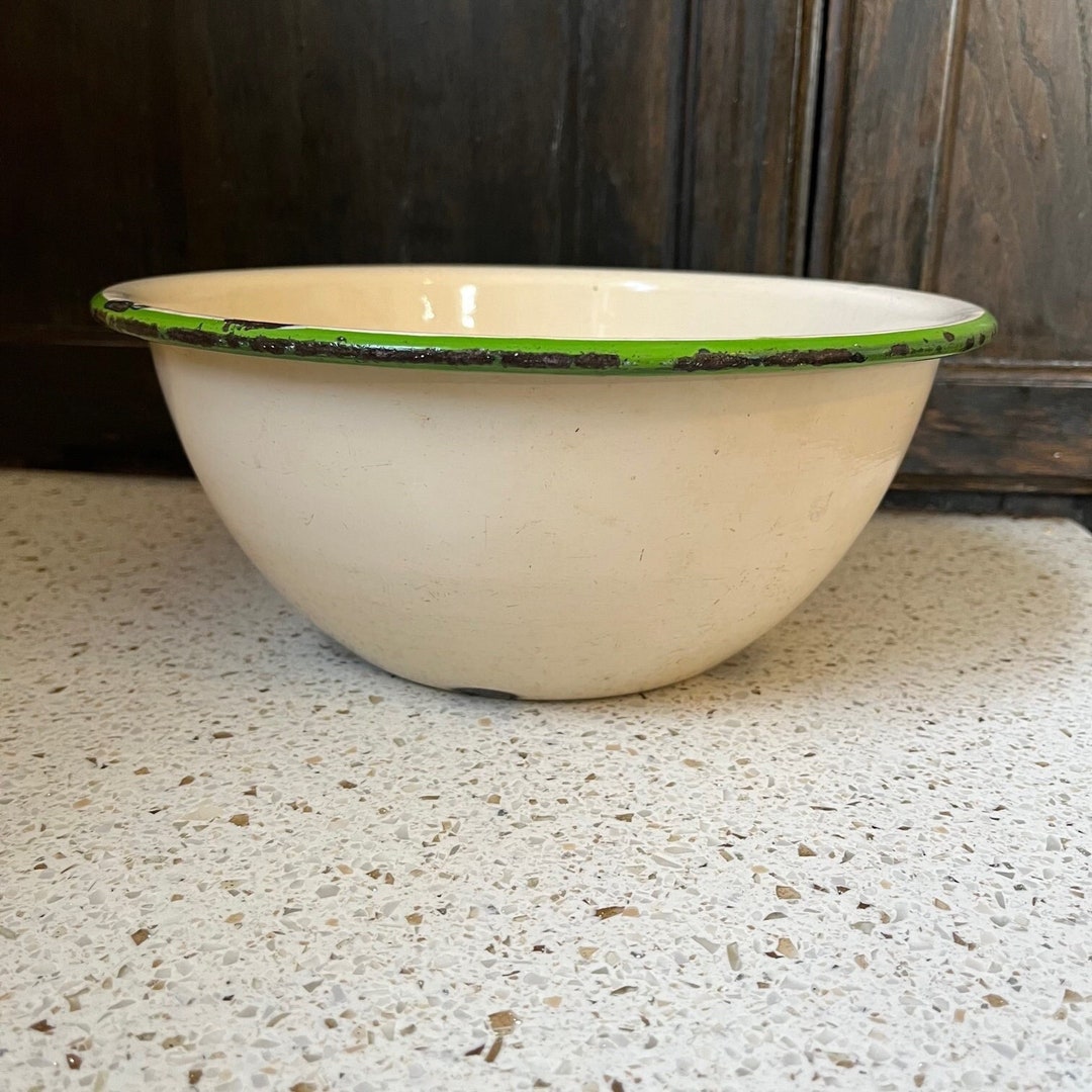 Green Enamel Bowl. Large Cream With Green Trim Enamel Bowl. Enamel Centerpiece Bowl. Distressed ...